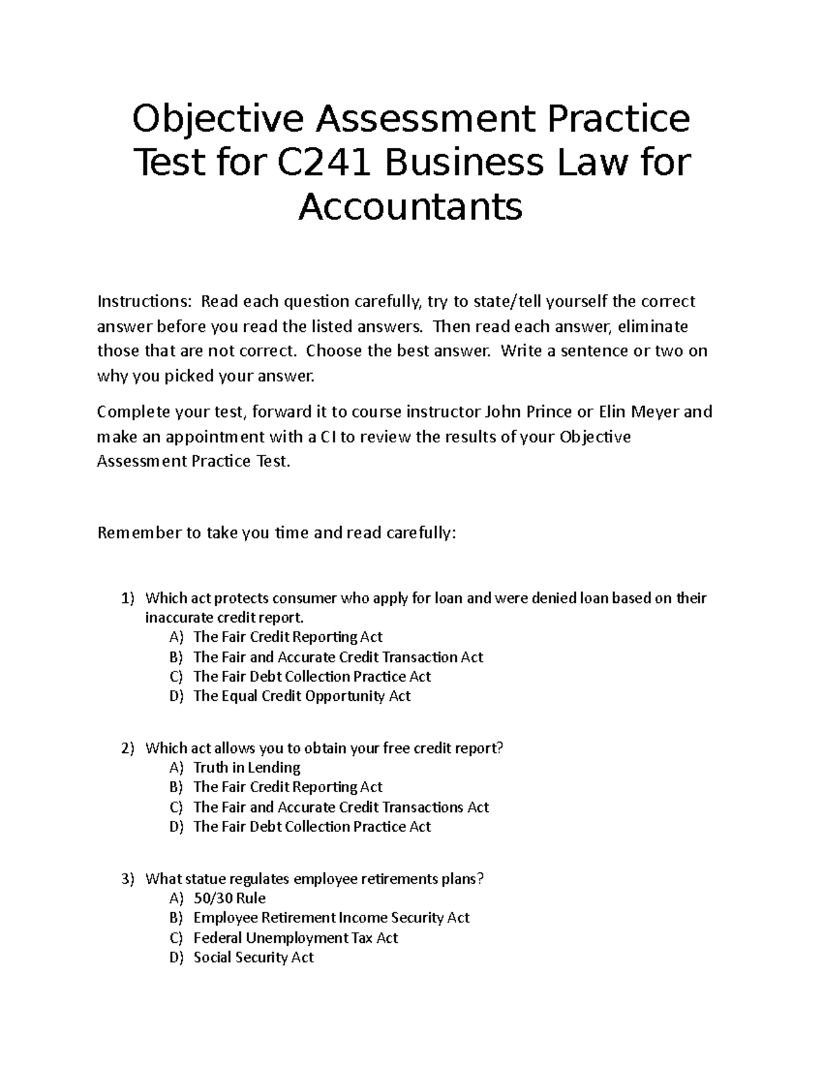 OA practice test - blaw - Objective Assessment Practice Test for C241 ...