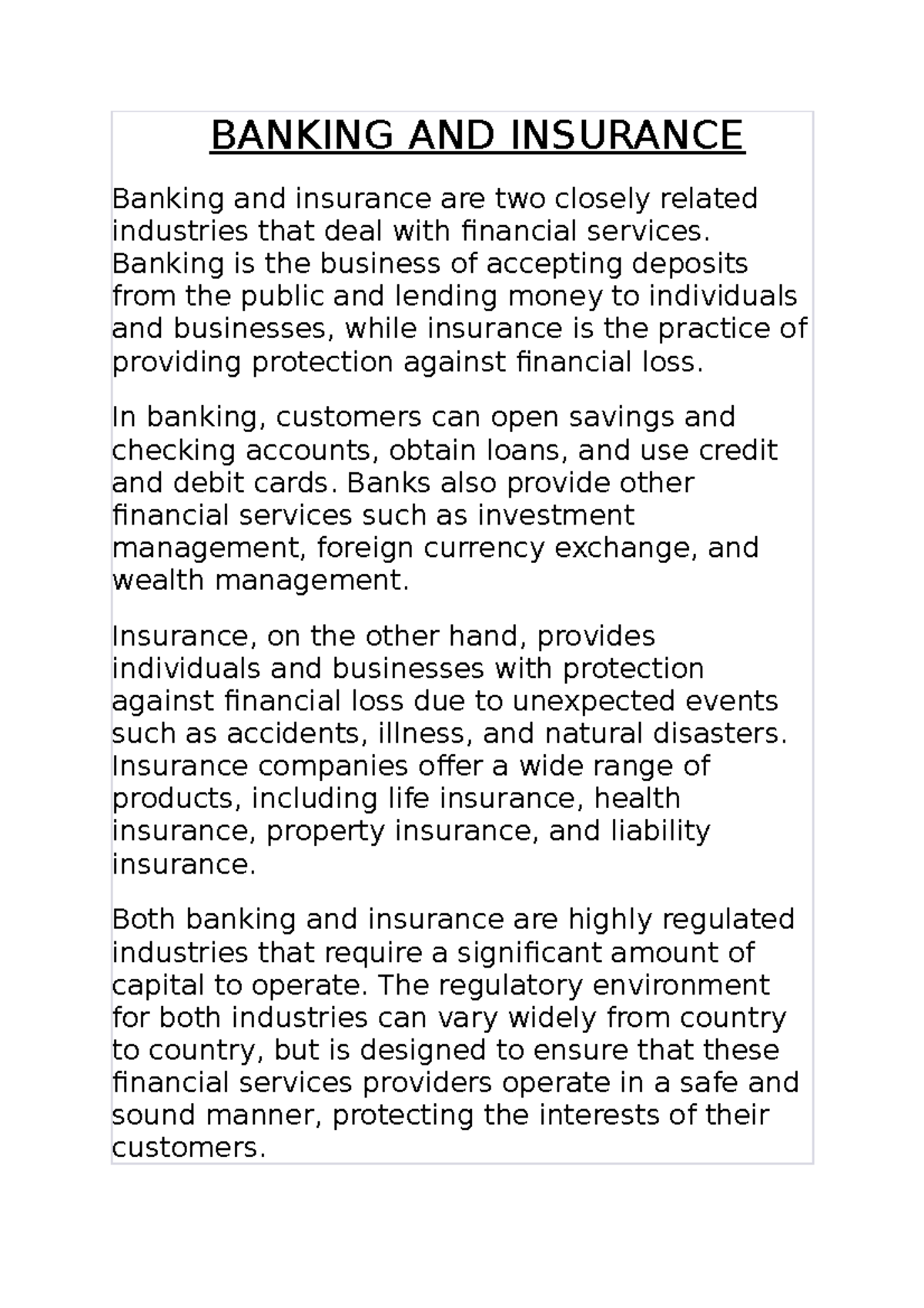 Banking and insurance - BANKING AND INSURANCE Banking and insurance are ...