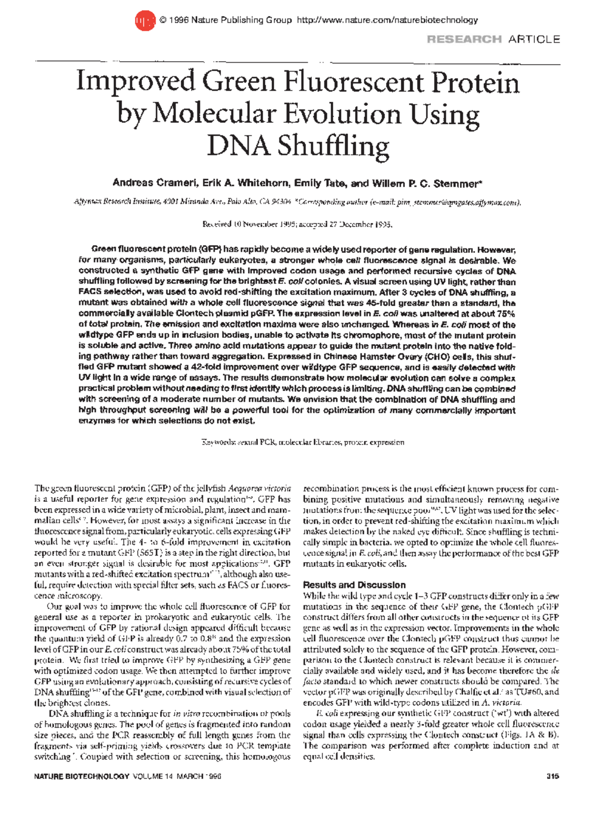 Nbt0396-315 - Green FLuorescent Protein paper - understanding the ...