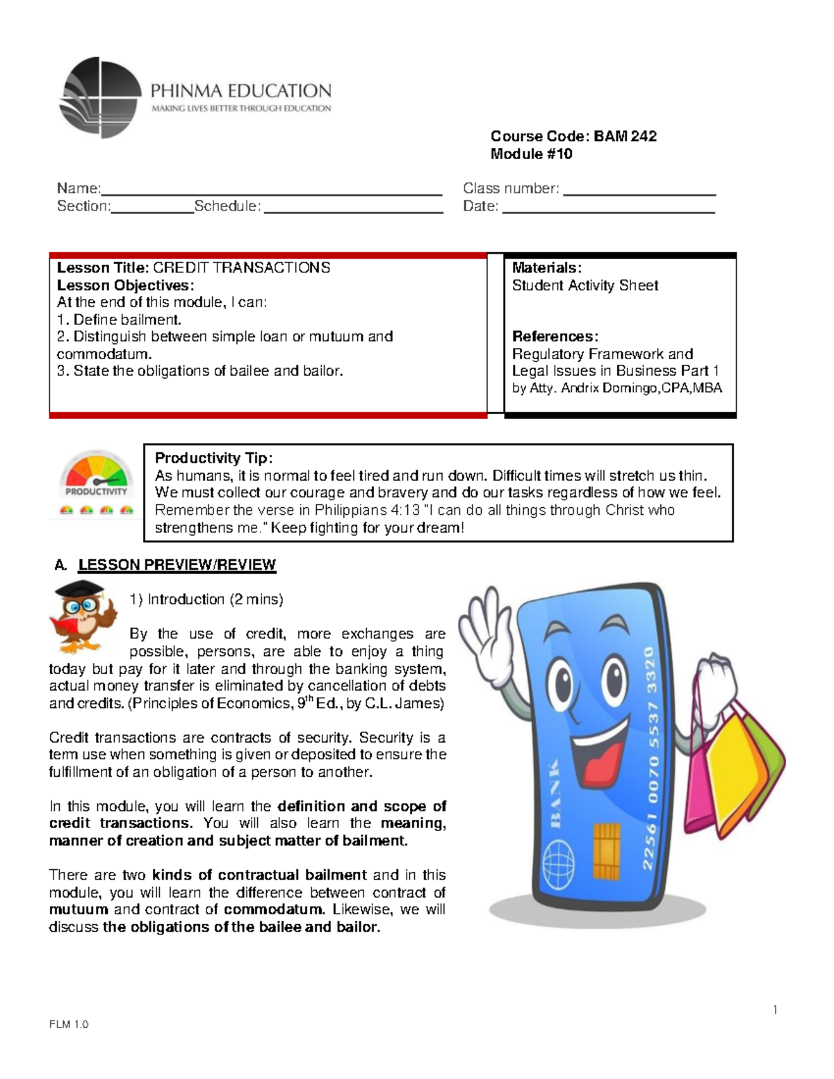 BAM 242 MODULE 10 - Module # Name: Section: Schedule: Class number ...