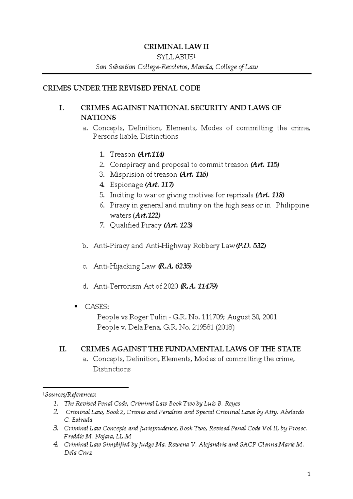 Criminal LAW II Revised Syllabus - CRIMINAL LAW II SYLLABUS 1 San ...