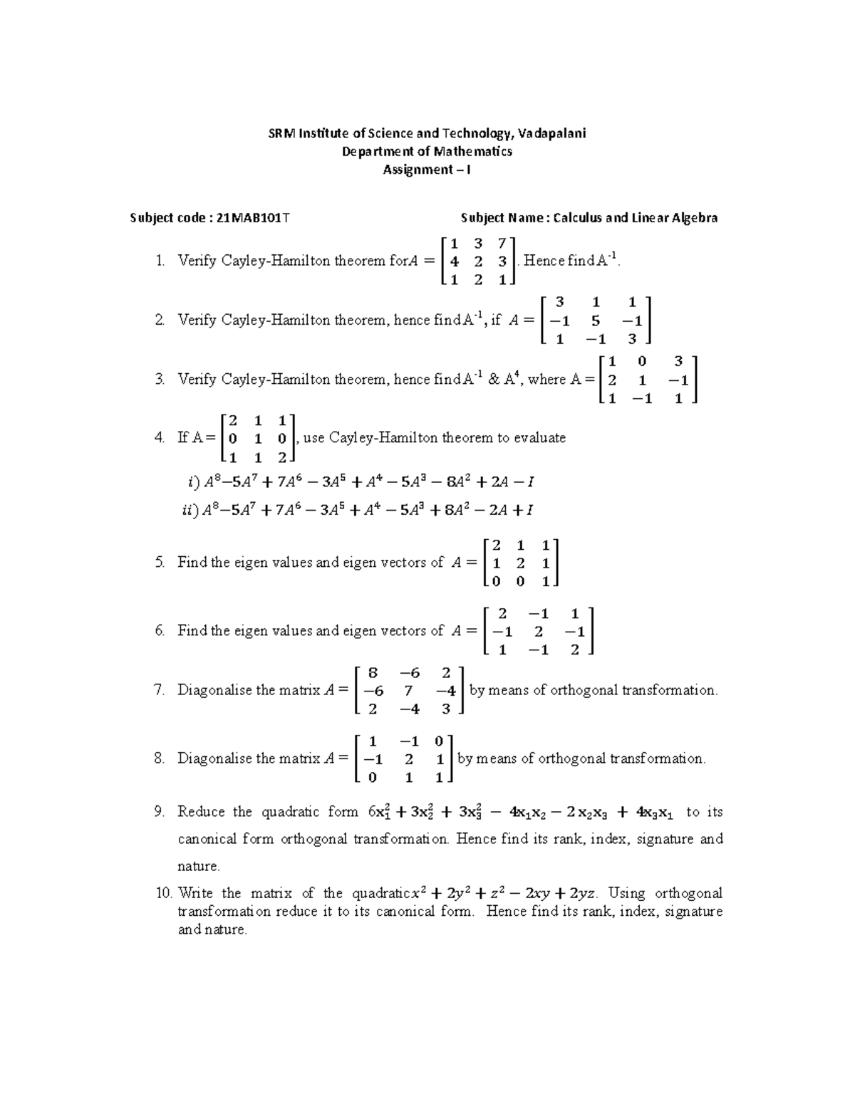 21MAB101T - Assignment I Unit I - SRM InsƟtute of Science and Technology, Vadapalani Department ...