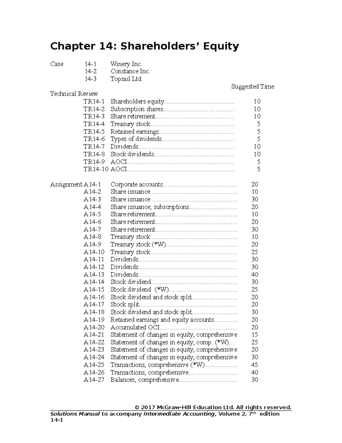 Beechy CH14 - Solution Manual Chapter 14 - Chapter 14: Shareholders’ Equity Case 14-1 Winery Inc ...