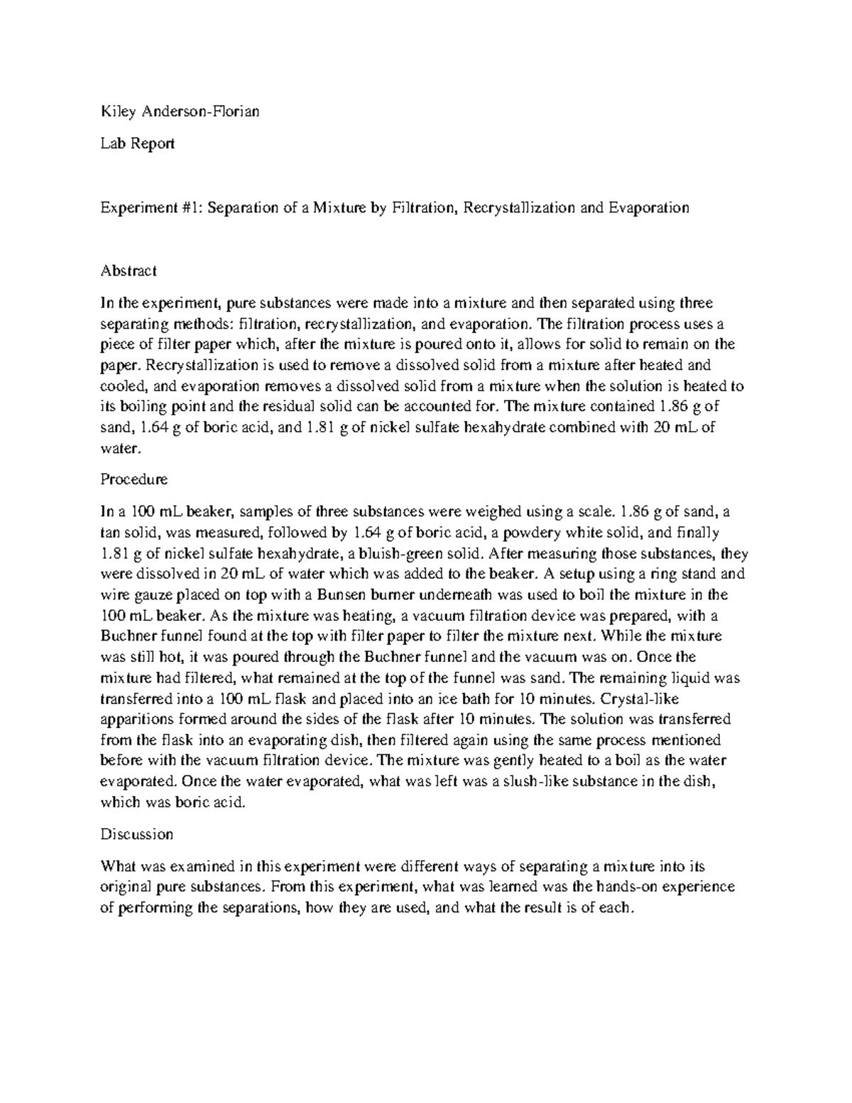 Lab Report # 1 gen chem - Kiley Anderson-Florian Lab Report Experiment ...