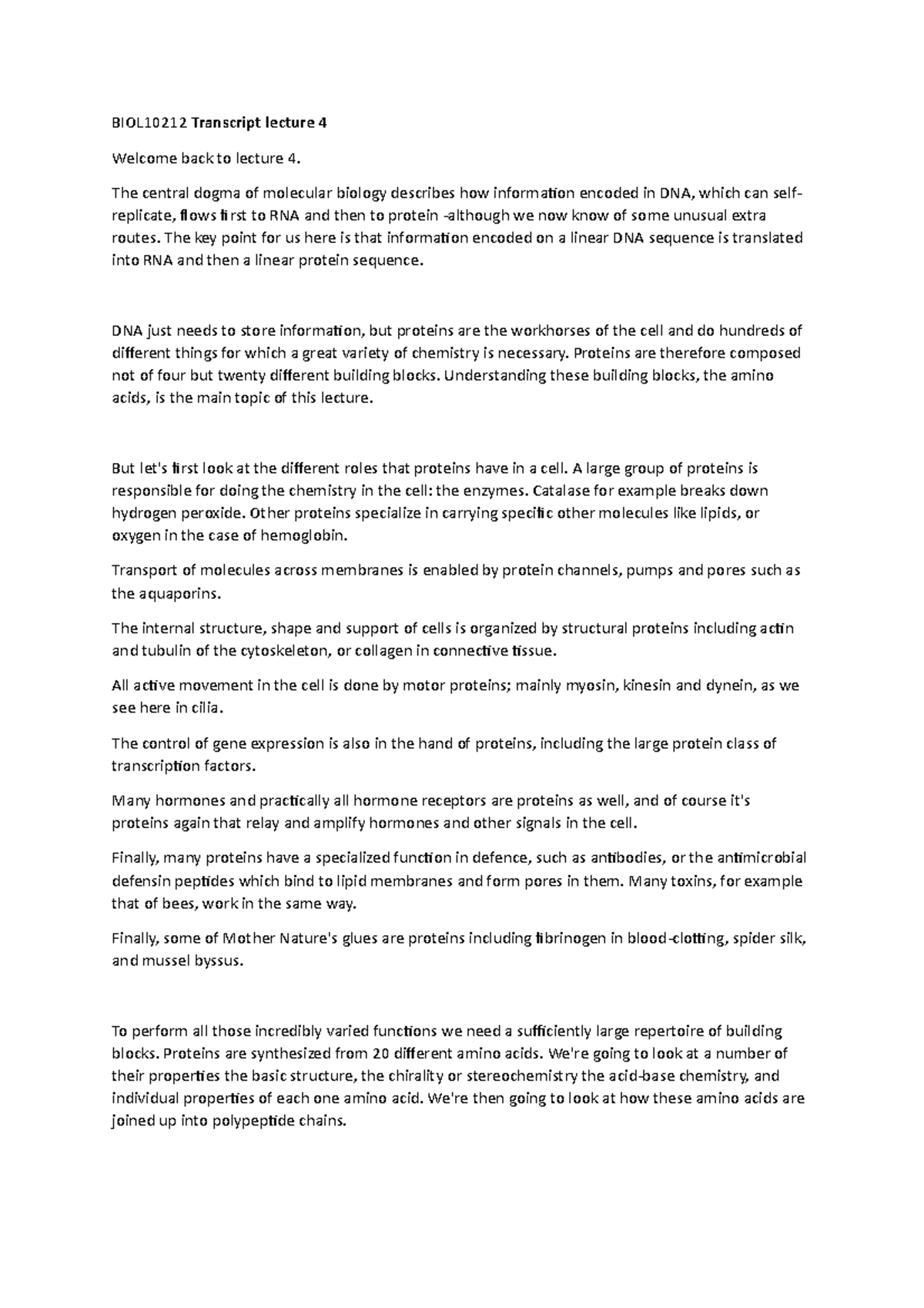 Transcript 04 all - lec 4 notes - BIOL10212 Transcript lecture 4 ...