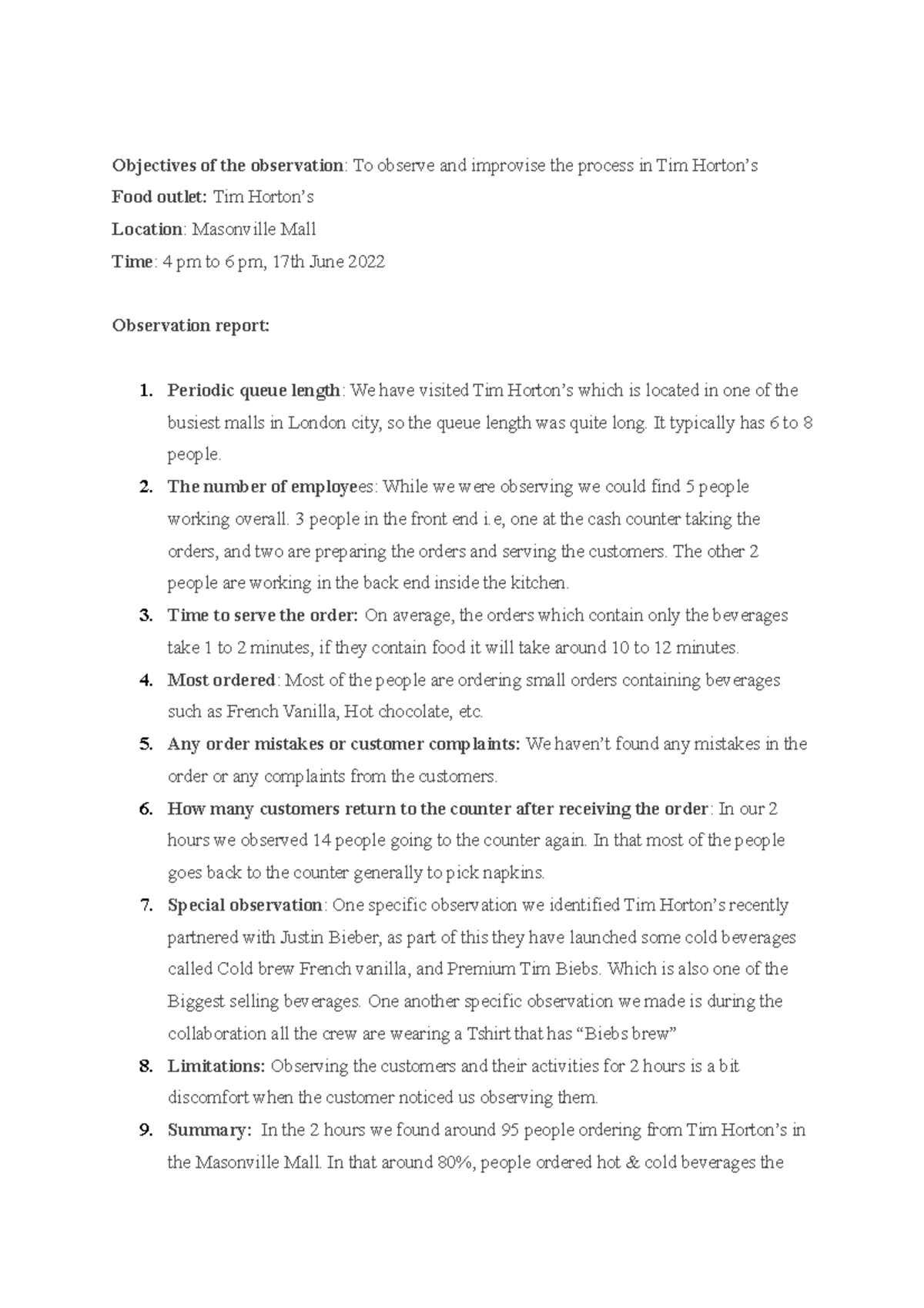 Observation assignment - Objectives of the observation: To observe and ...