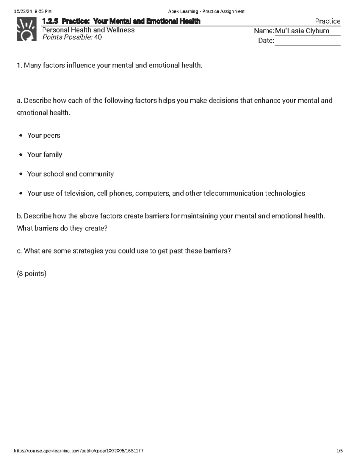 Apex Learning - Practice Assignment - 1.2 Practice: Your Mental and ...