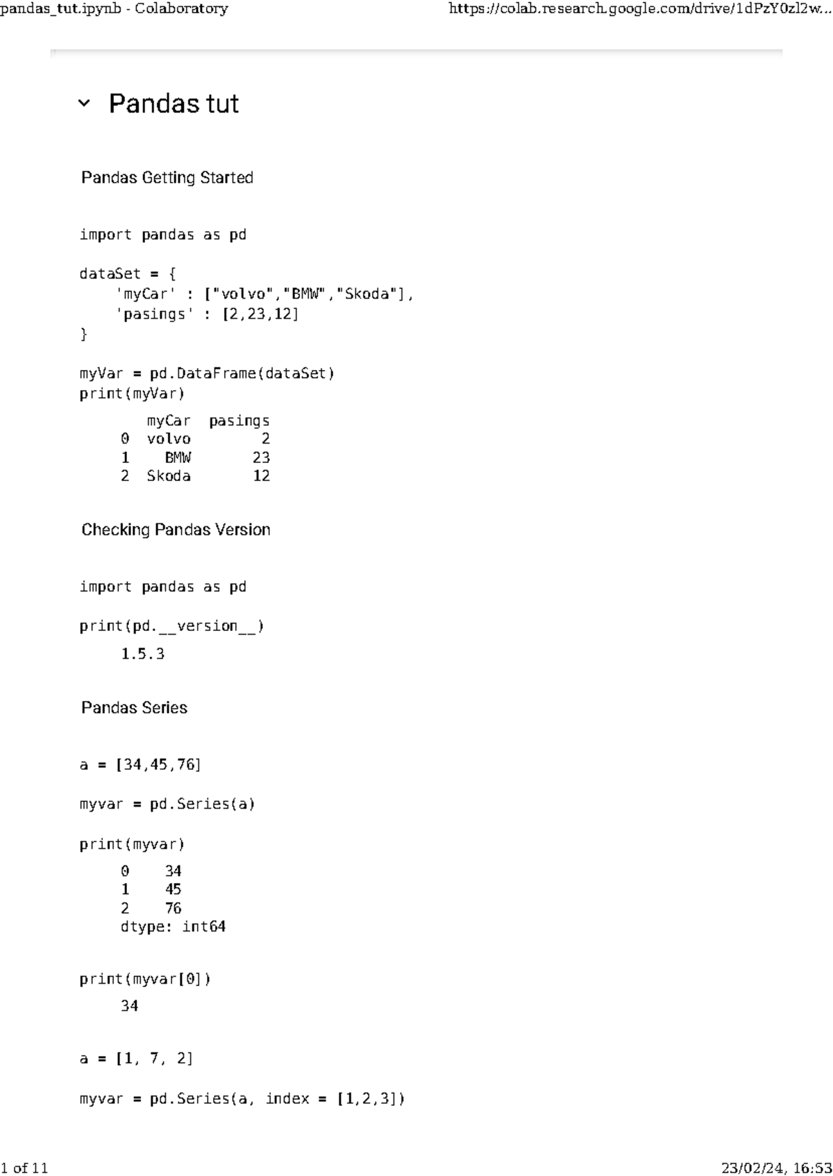HOn 01 pandas - gf gft - Pandas tut Pandas Getting Started import pandas as pd dataSet ...