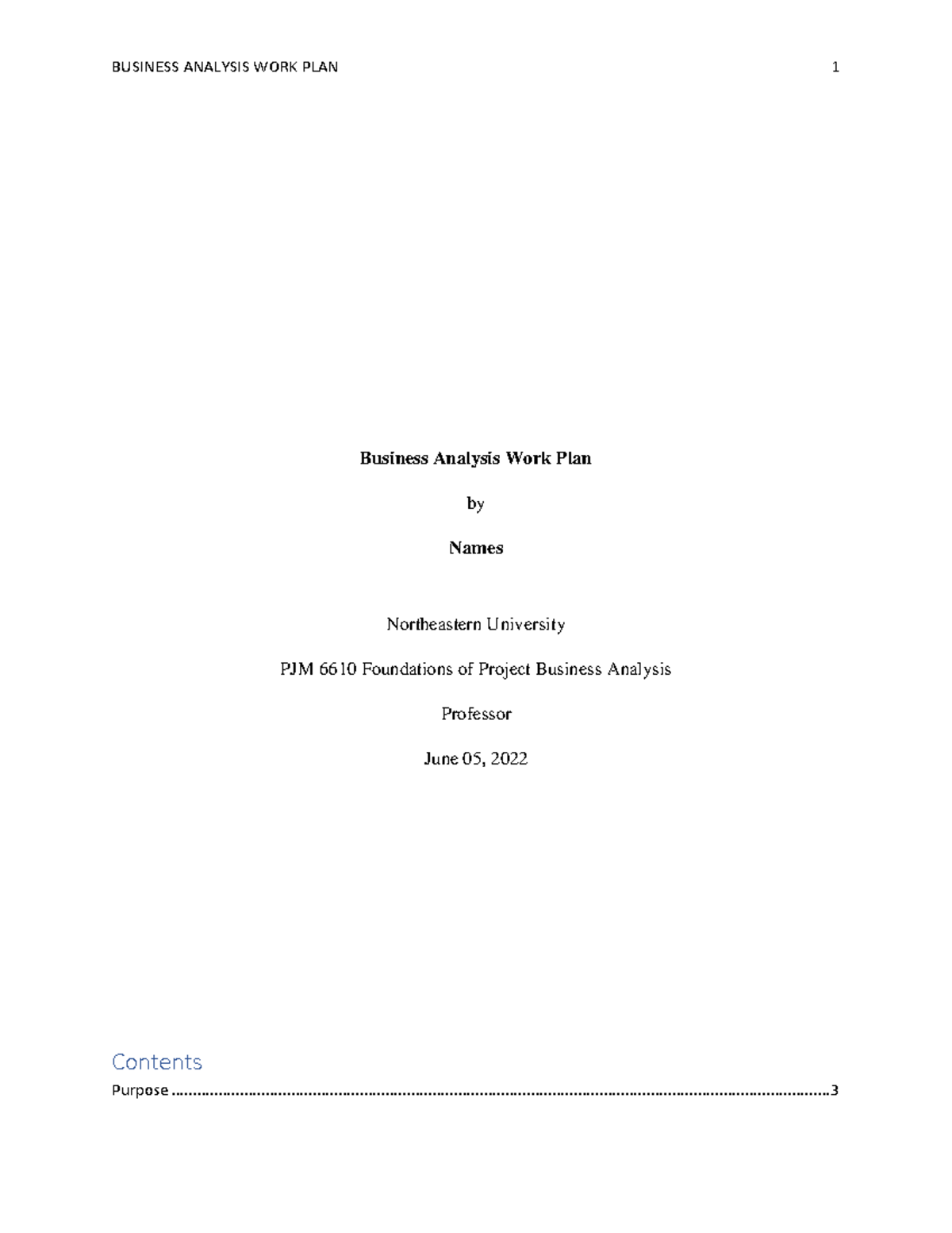 Business Analysis Work Plan - Business Analysis Work Plan by Names ...