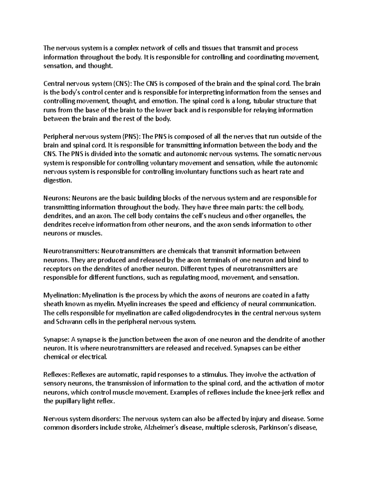 Anatomy - Nervous System Notes - The nervous system is a complex ...