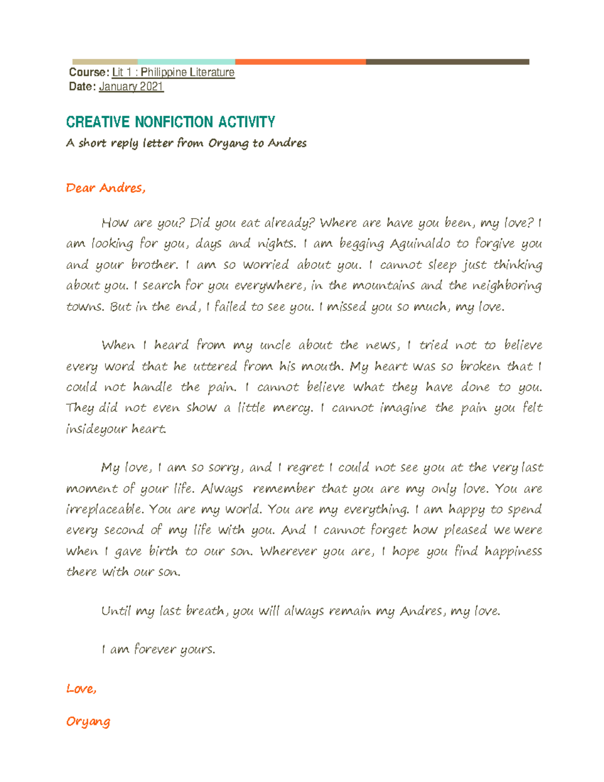 Lit1- Creative Nonfiction (A short reply letter from Oryang to Andres ...