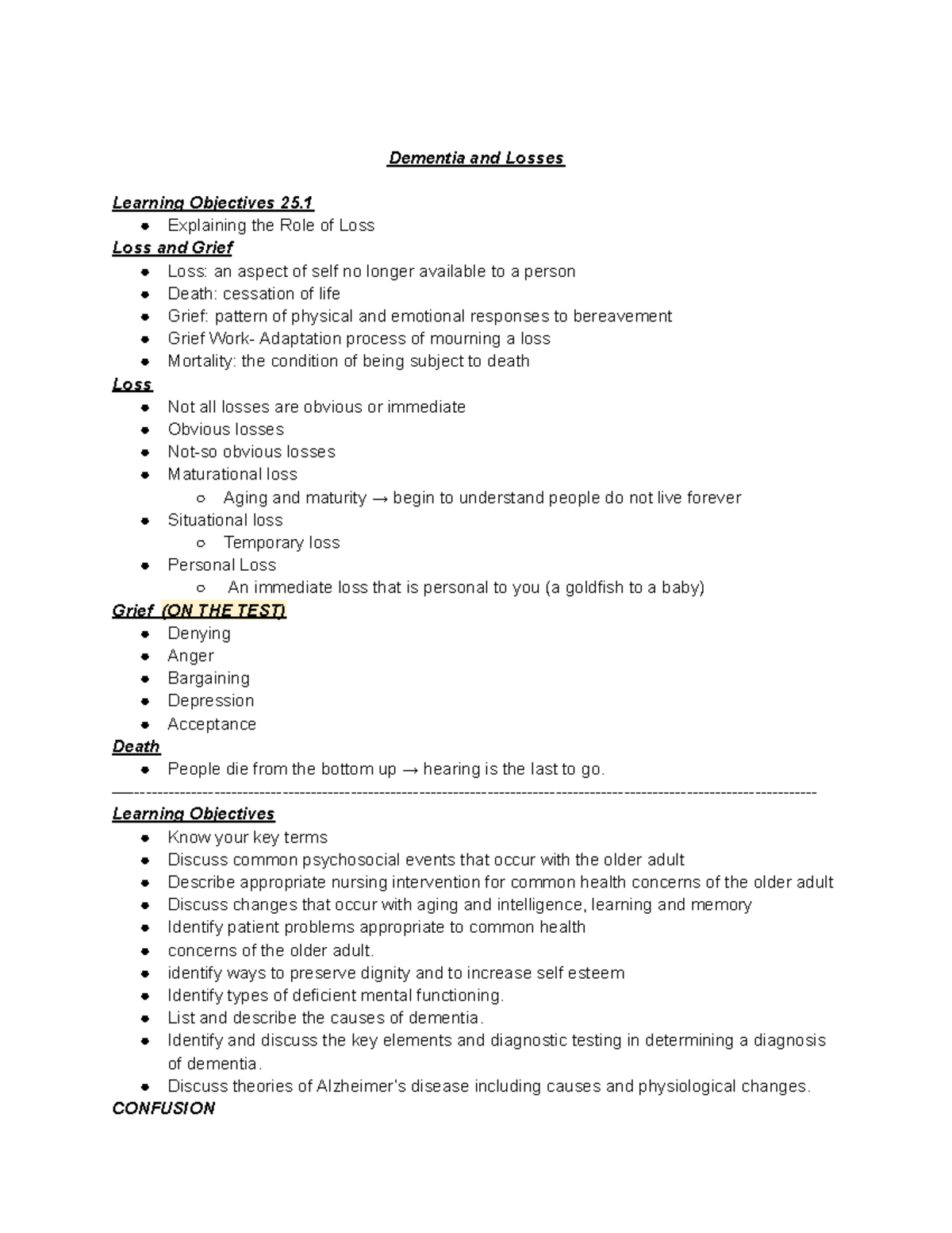 Dementia and losses Notes - Dementia and Losses Learning Objectives 25 ...