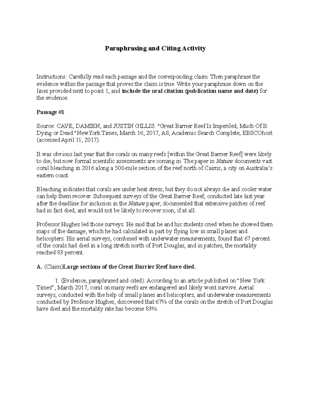 Citing and Paraphrasing Assignment 2020 - Paraphrasing and Citing ...