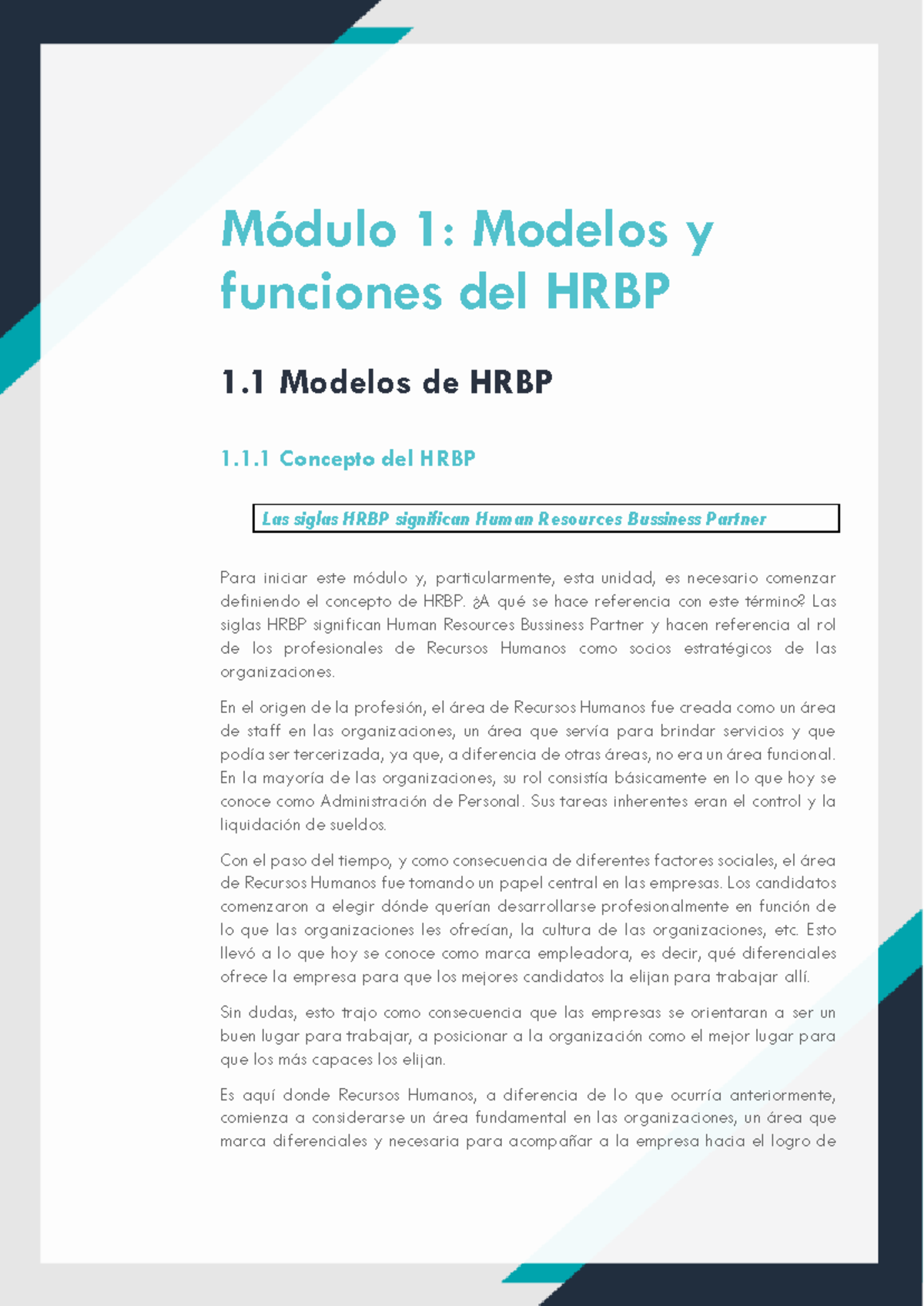 EL ROL DEL HRBP - Módulo 1: Modelos y funciones del HRBP 1. 1 Modelos ...