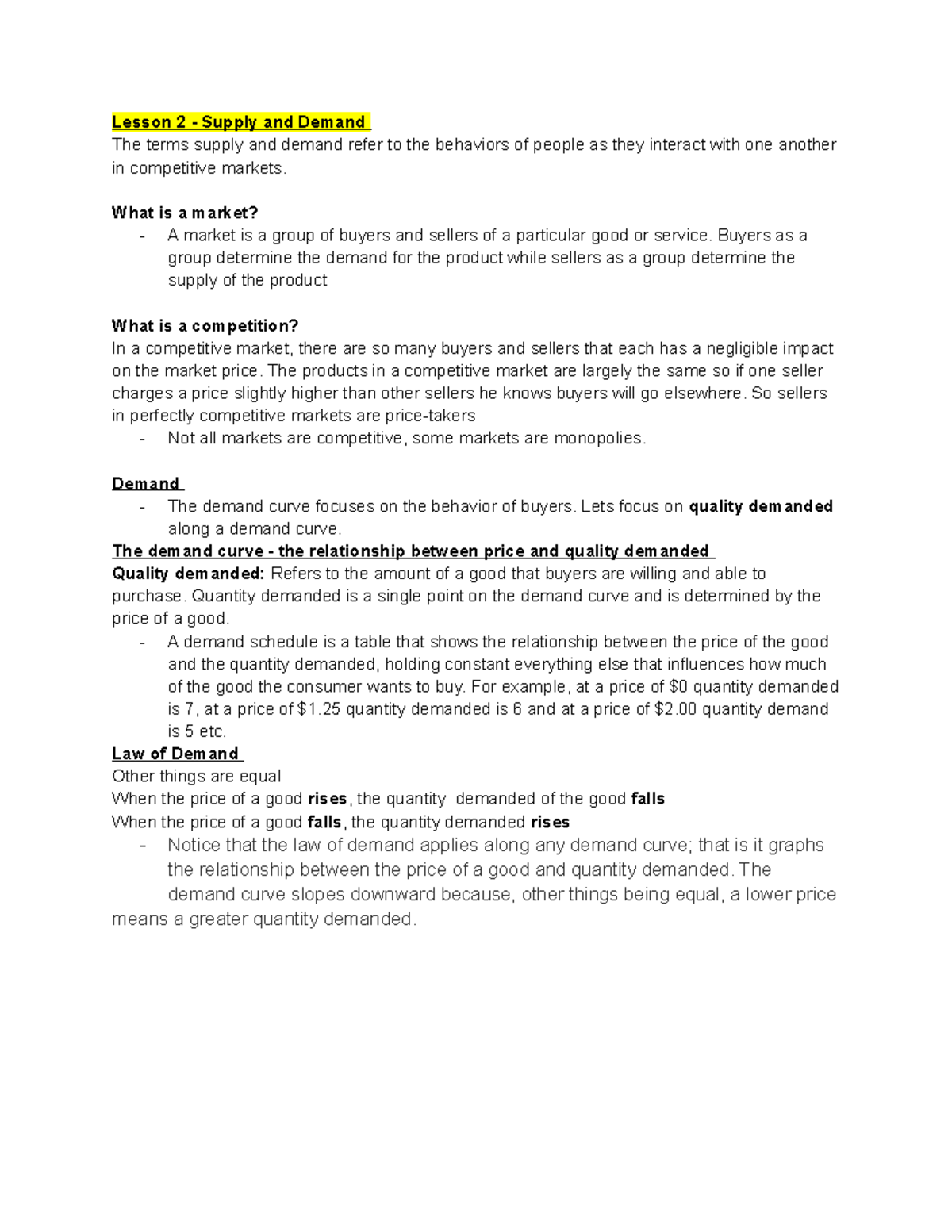 EC120 - Lesson 2 - Supply and Demand - Lesson 2 - Supply and Demand The ...