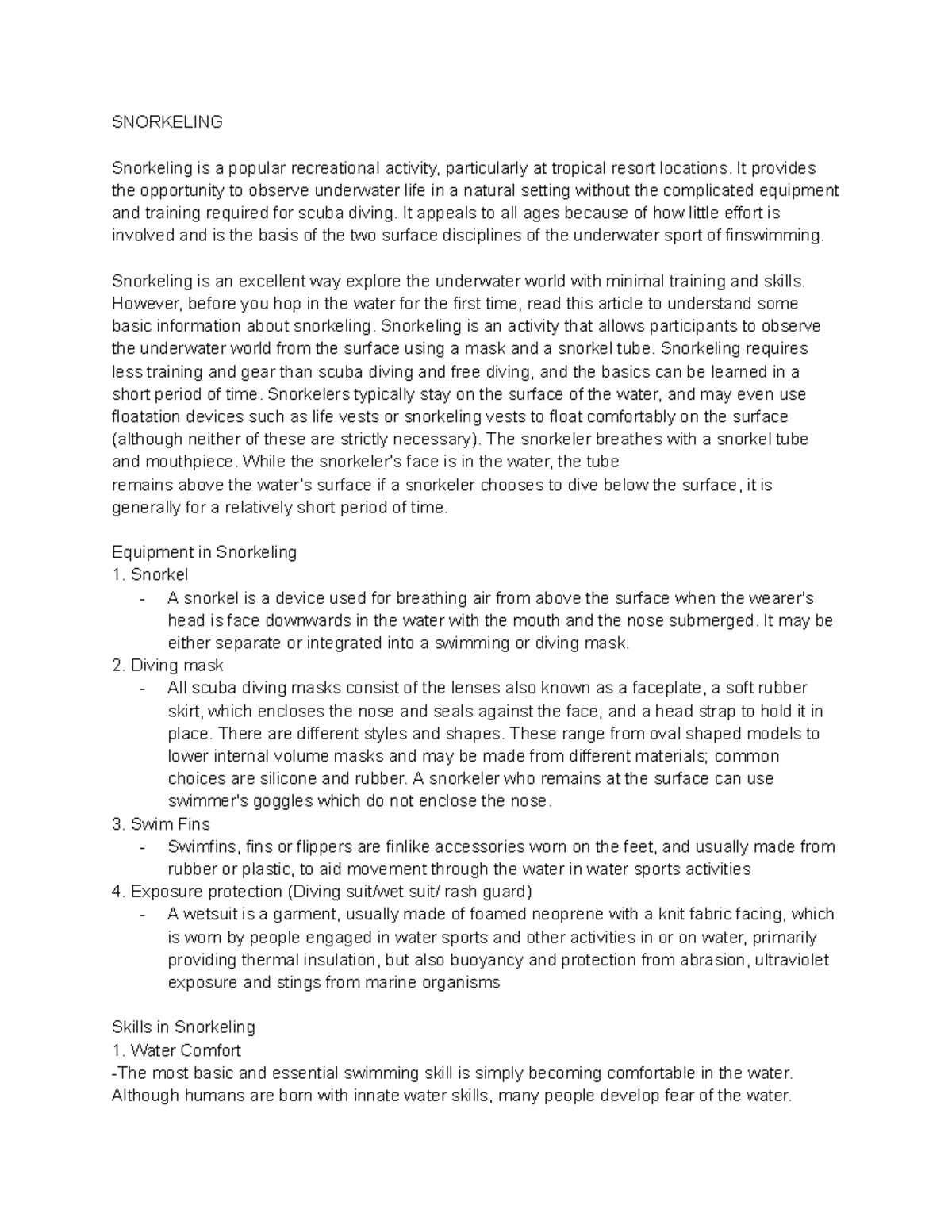 P.E Reviewer - Abm 12 notes - SNORKELING Snorkeling is a popular ...