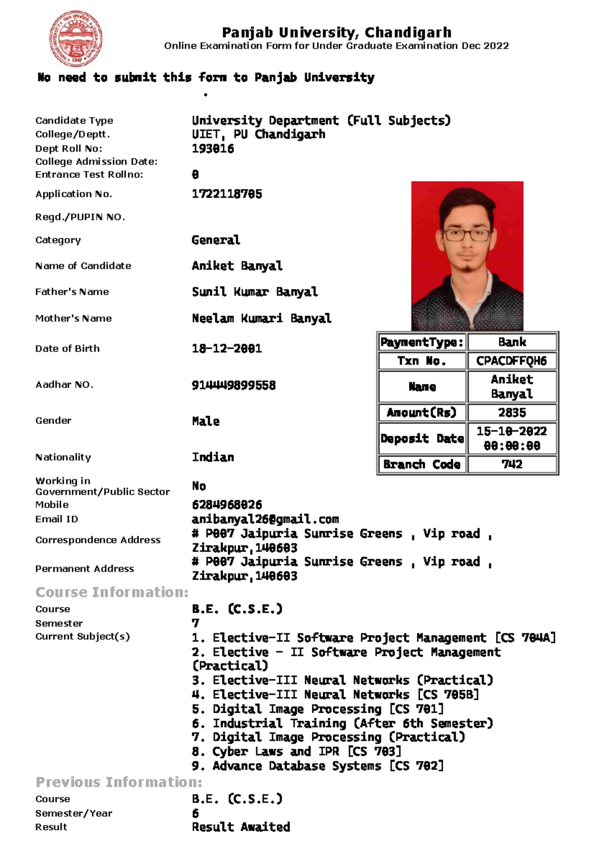 Student Profile - notes - Panjab University, Chandigarh Online ...