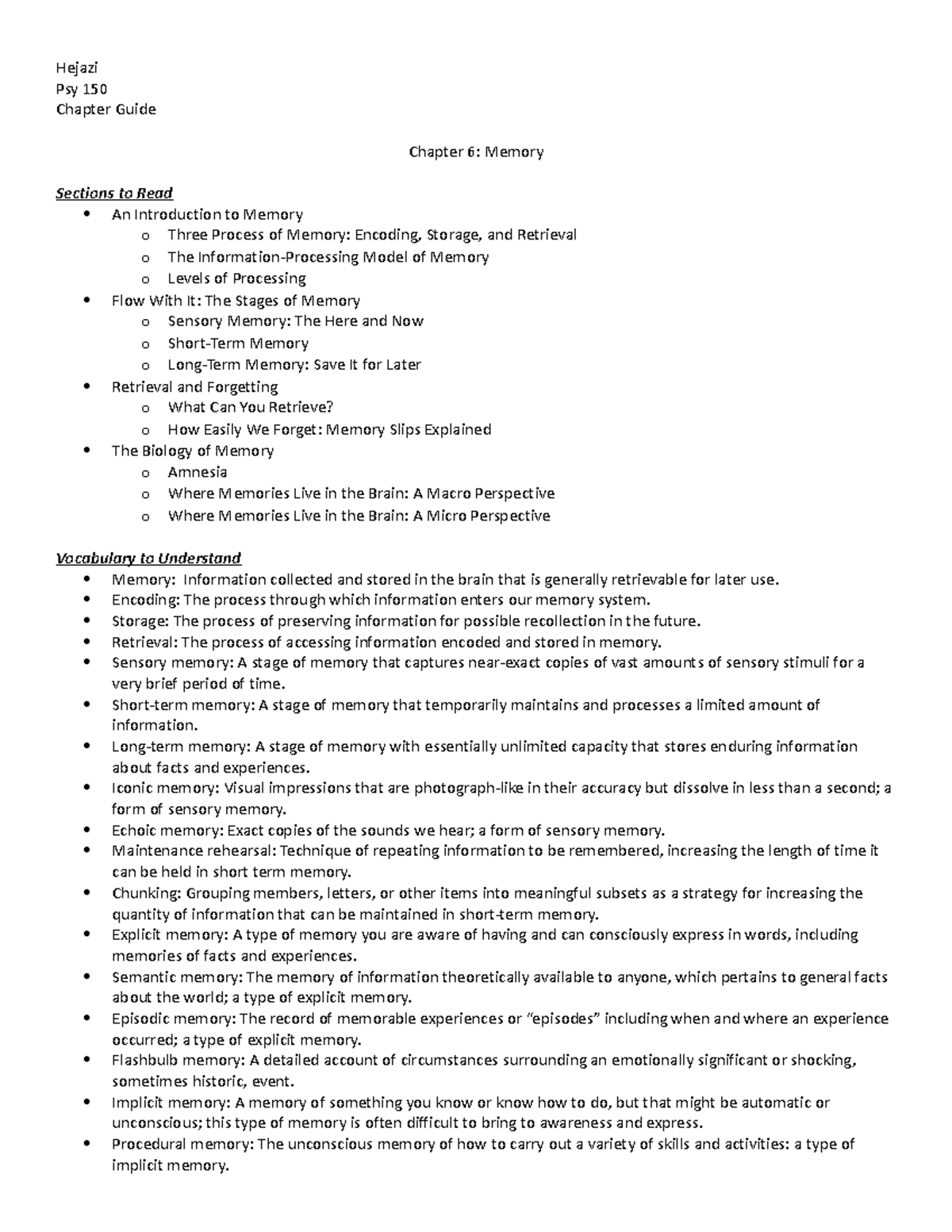 6. Memory - Guide(1) - Guide to COMM - Hejazi Psy 150 Chapter Guide Chapter 6: Memory Sections ...
