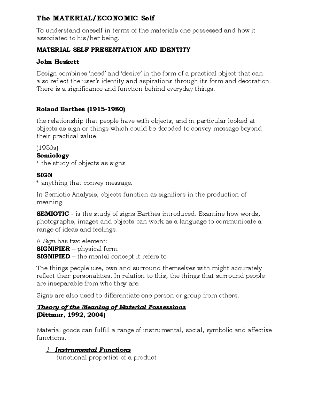 The material economic self - The MATERIAL/ECONOMIC Self To understand ...