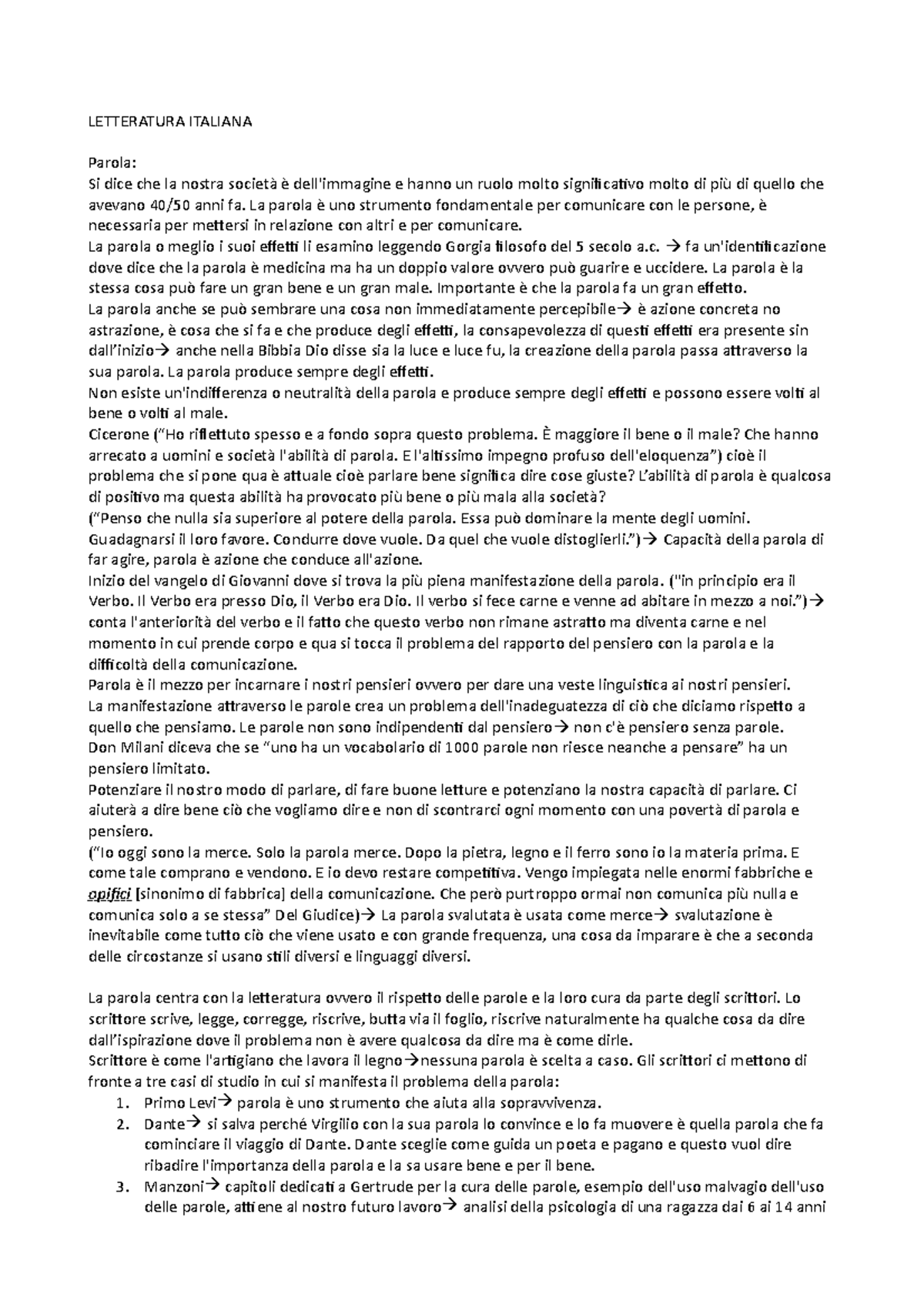 Letteratura Italiana - appunti lezione - LETTERATURA ITALIANA Parola ...