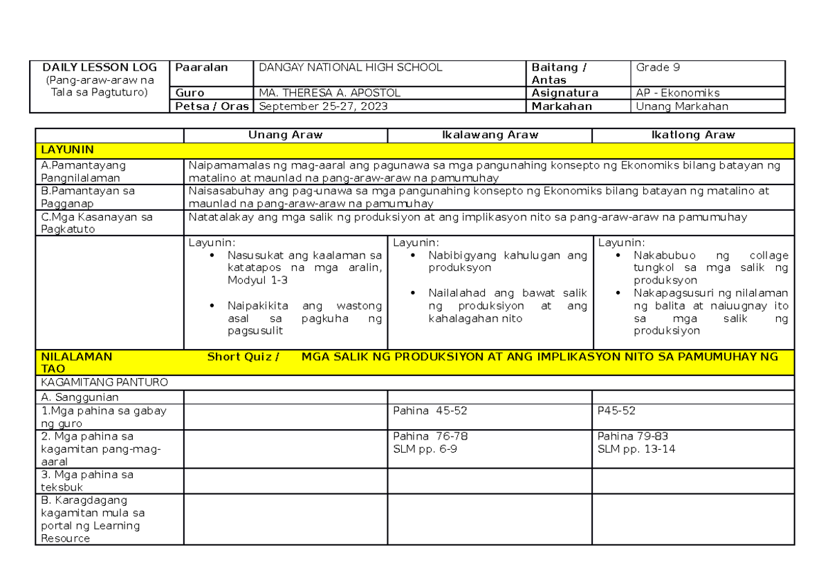 Q1-WEEK-5 - lesson plan - DAILY LESSON LOG (Pang-araw-araw na Tala sa ...