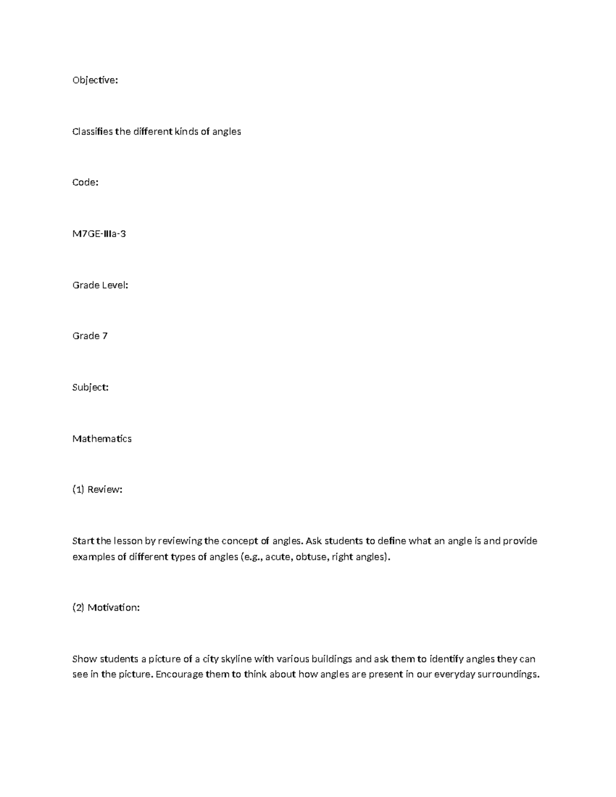 Math 7 lesson plan kinds of angles - Objective: Classifies the ...