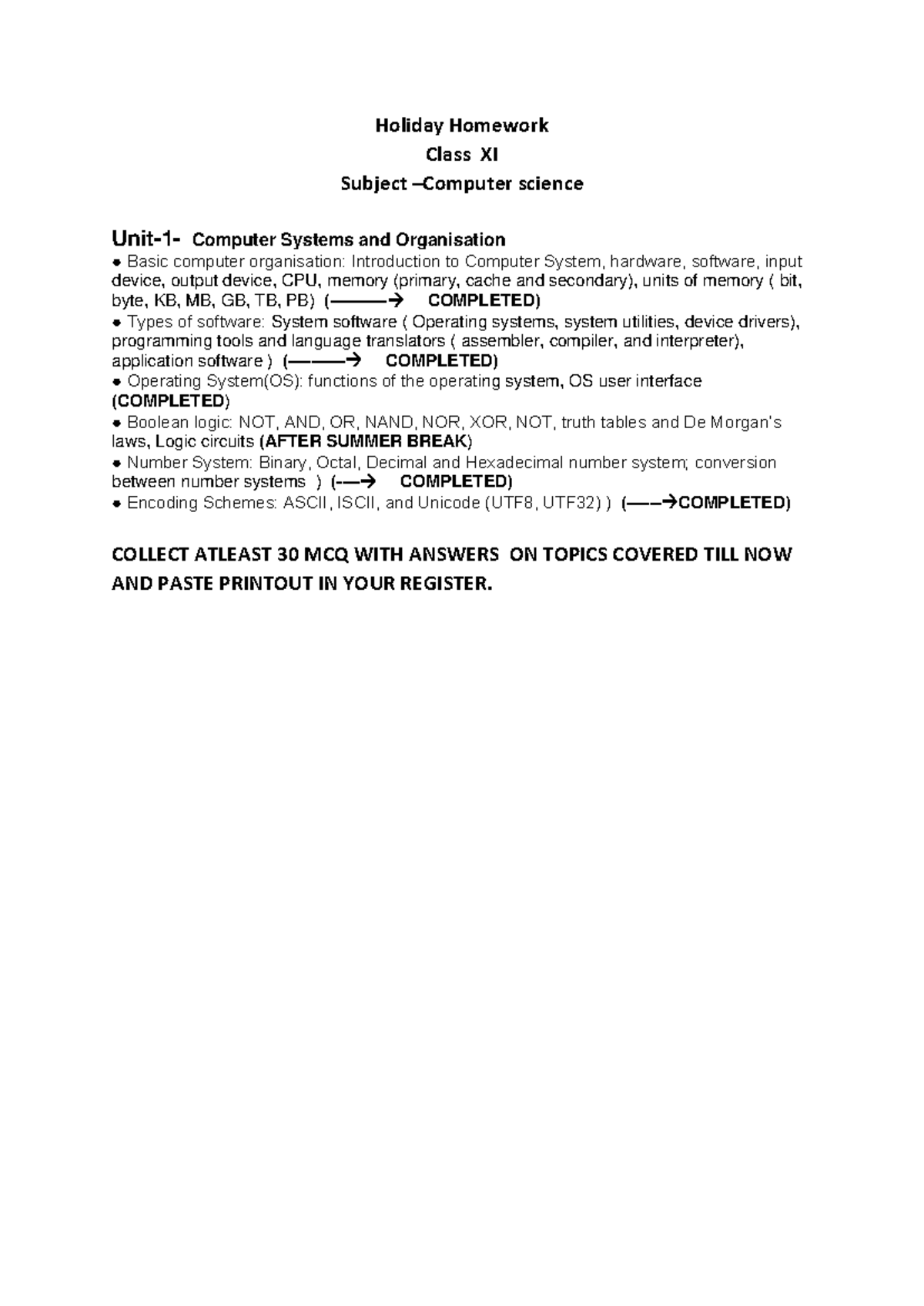 11 Cshhw - dsgdf - Holiday Homework Class XI Subject – Computer science ...