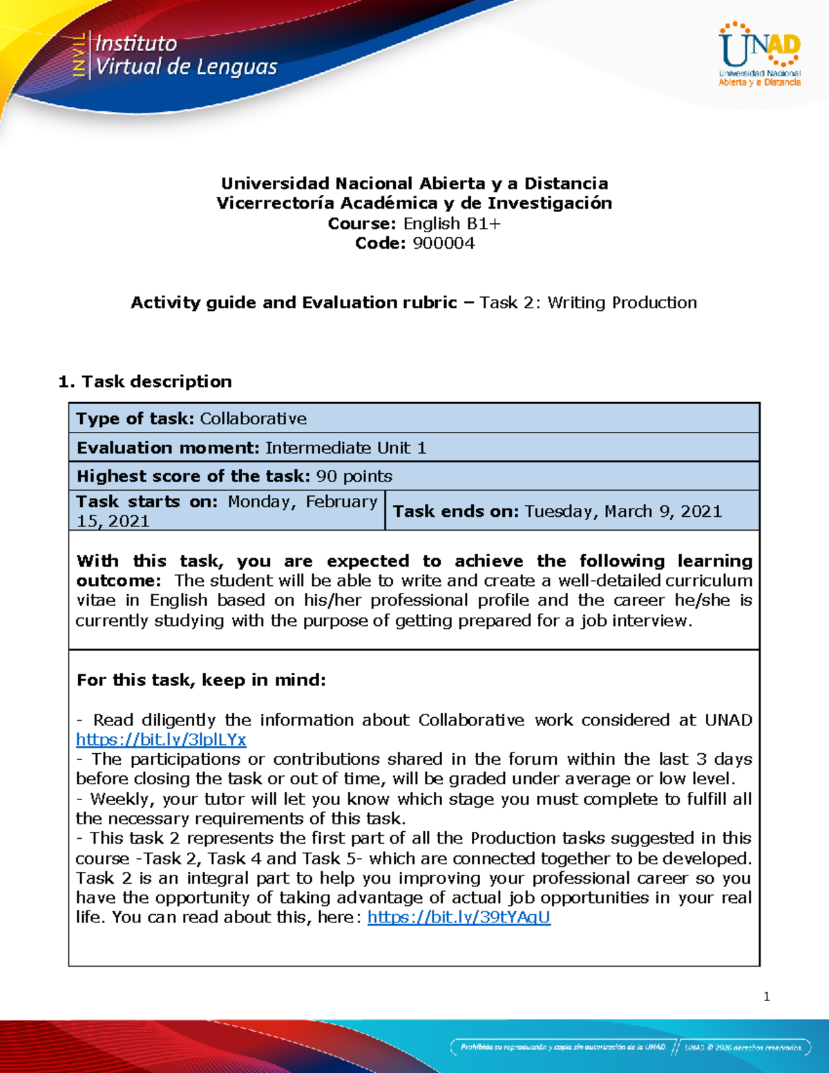 Activities guide and Evaluation rubric - Unit 1 -Task 2 - Writing ...