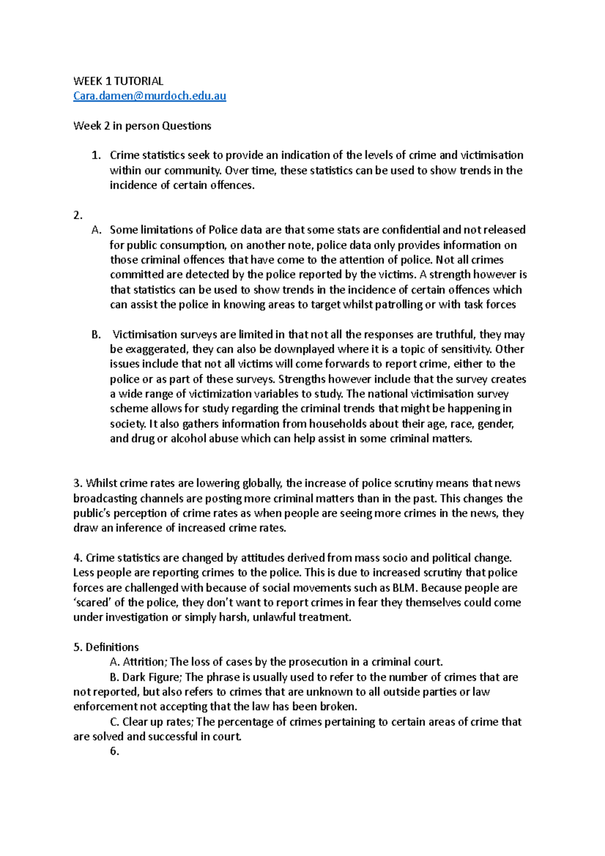 CRM100 notes - WEEK 1 TUTORIAL Cara@murdoch.edu Week 2 in person ...