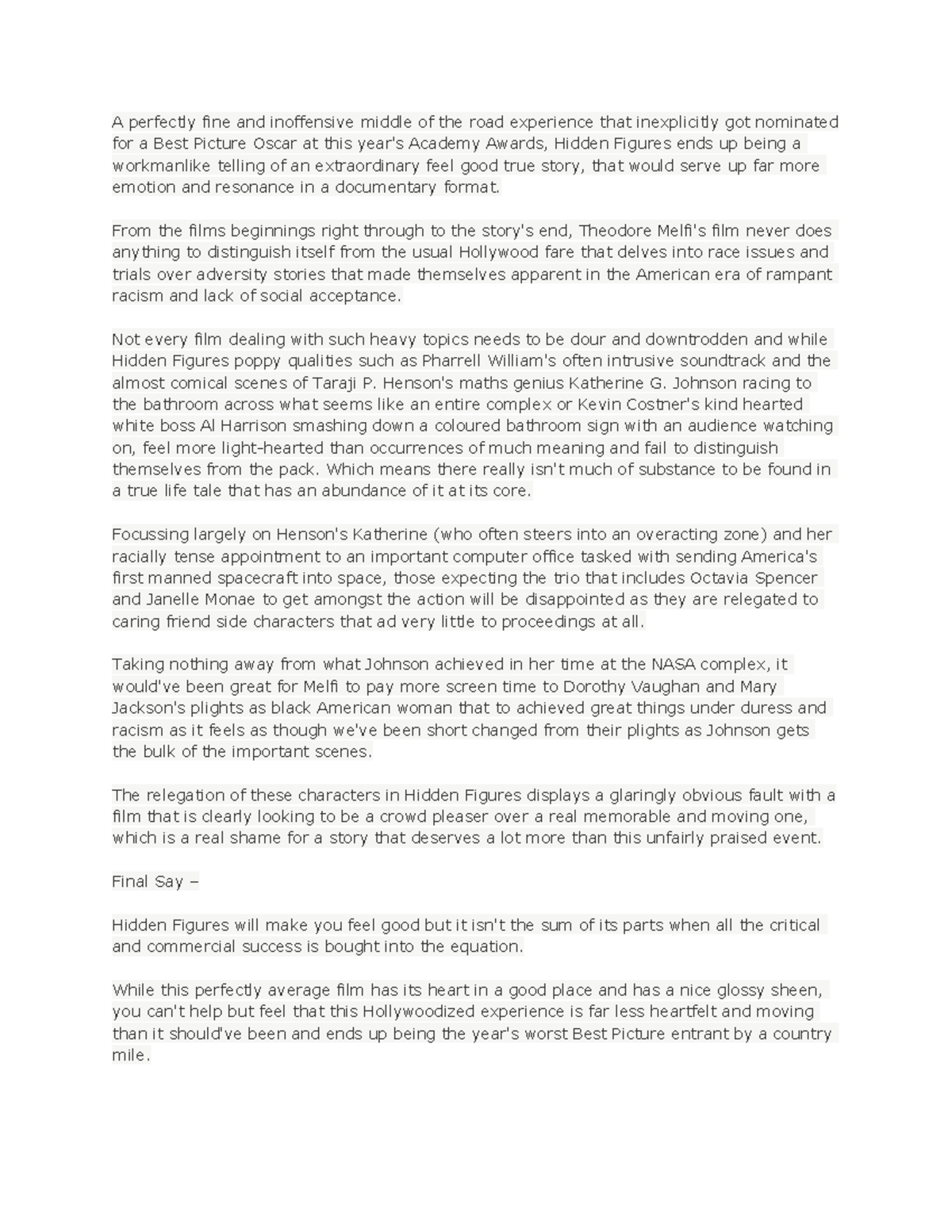 Hidden figures assignment - A perfectly fine and inoffensive middle of ...