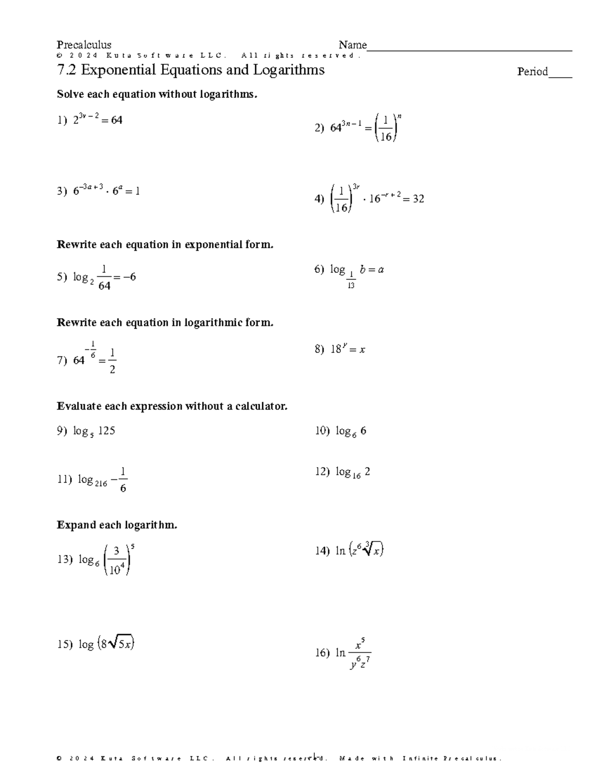 PC 7.2 Exponential Equations and Logarithms Assignment - ©I K 2 C 0 A 2 ...