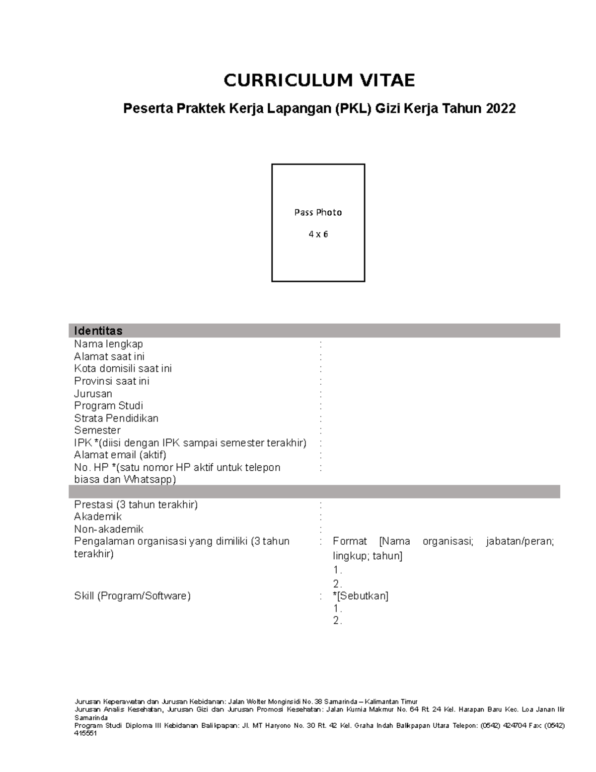 Format Curriculum Vitae PKL GIZI Kerja Tahun 2022 - CURRICULUM VITAE ...