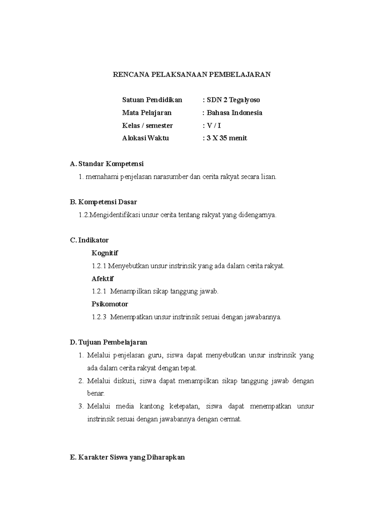 RPP Bahasa Indonesia Kelas 5 KD 1 2 - RENCANA PELAKSANAAN PEMBELAJARAN ...