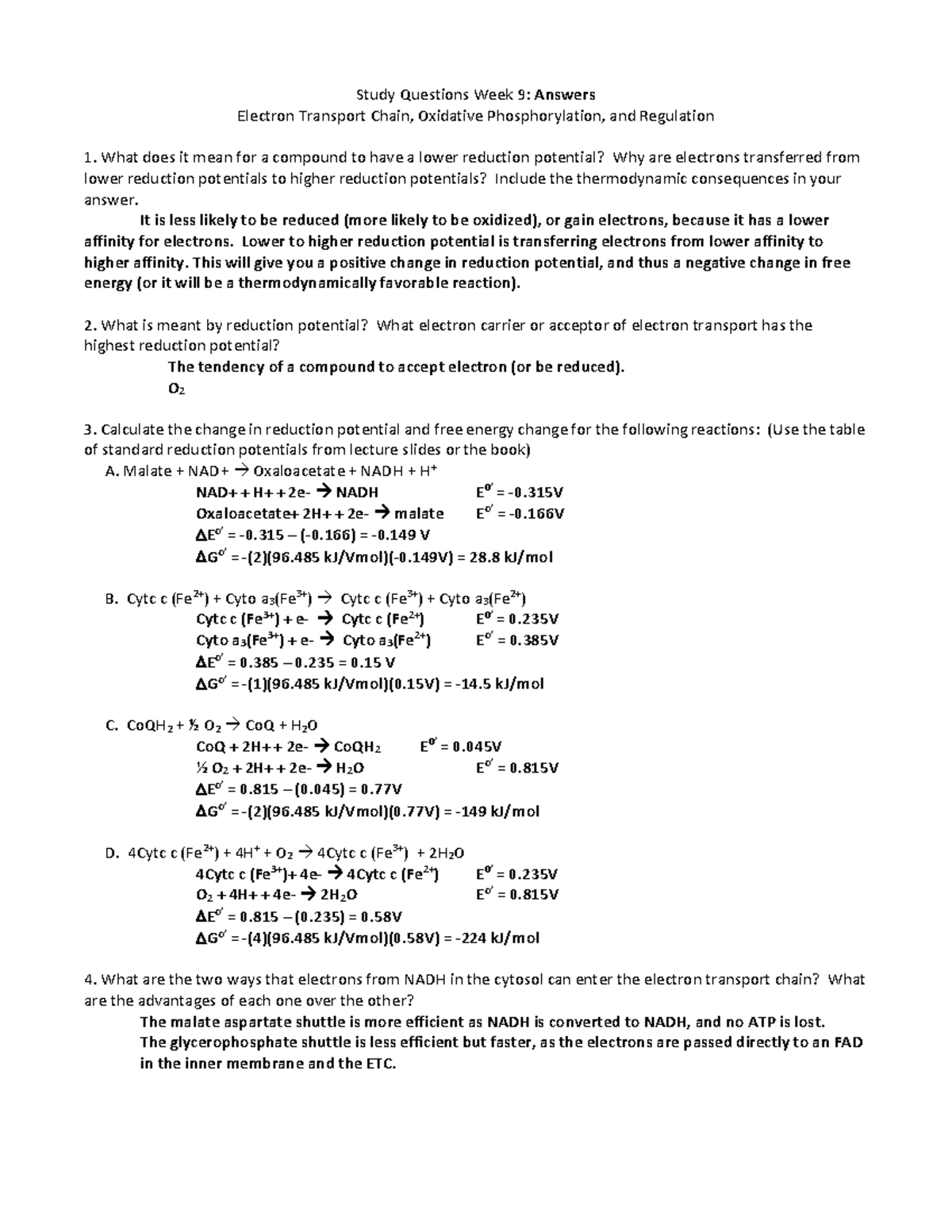 Week 9 SQ Answers - Study Questions Week 9: Answers Electron Transport ...