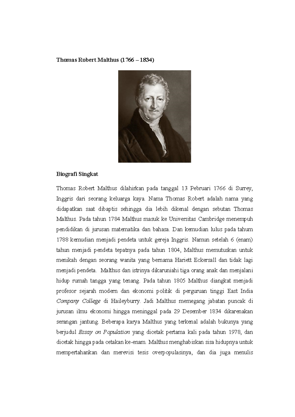 Teori Robert Malthus - Thomas Robert Malthus (1766 – 1834) Biografi Singkat Thomas Robert ...