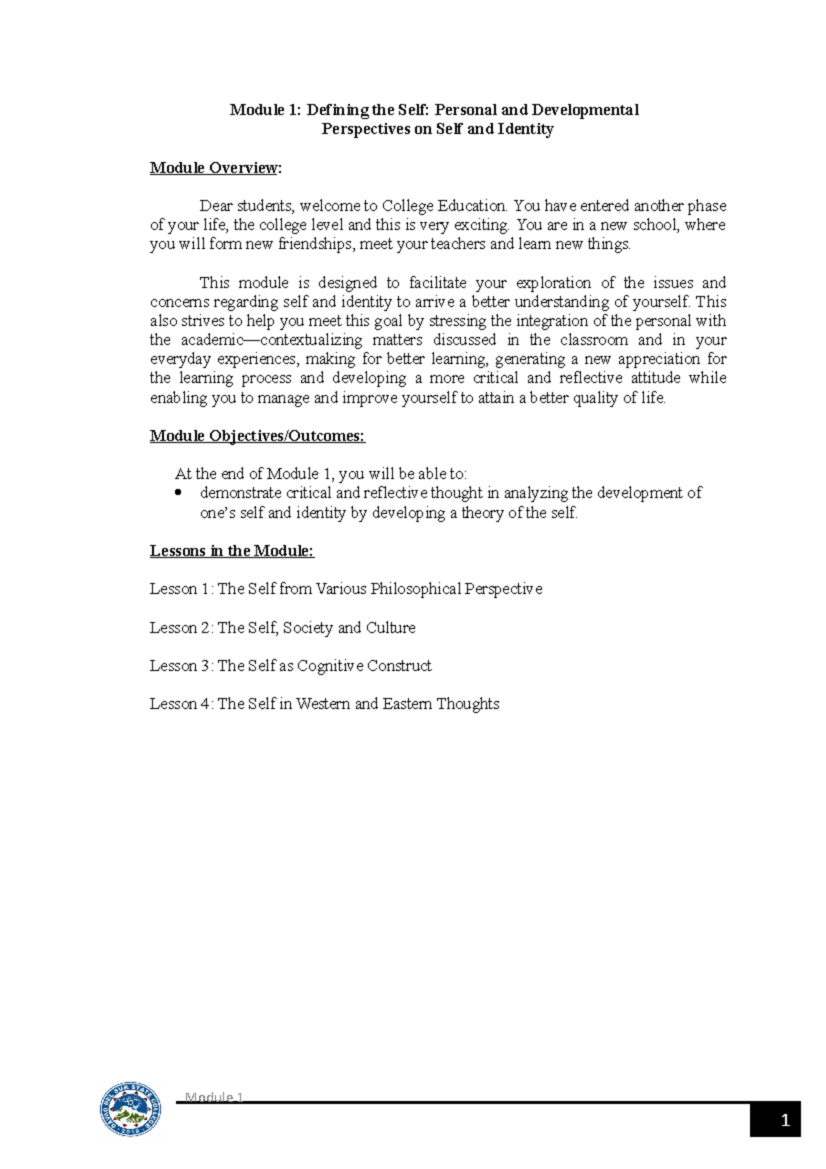 Module-1 In GEH in Geeting to know yourself - Module 1: Defining the ...