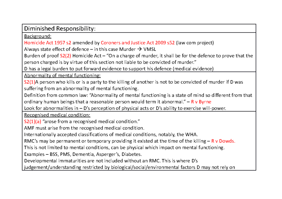 Diminished Responsibility Revision Summary - Diminished Responsibility ...