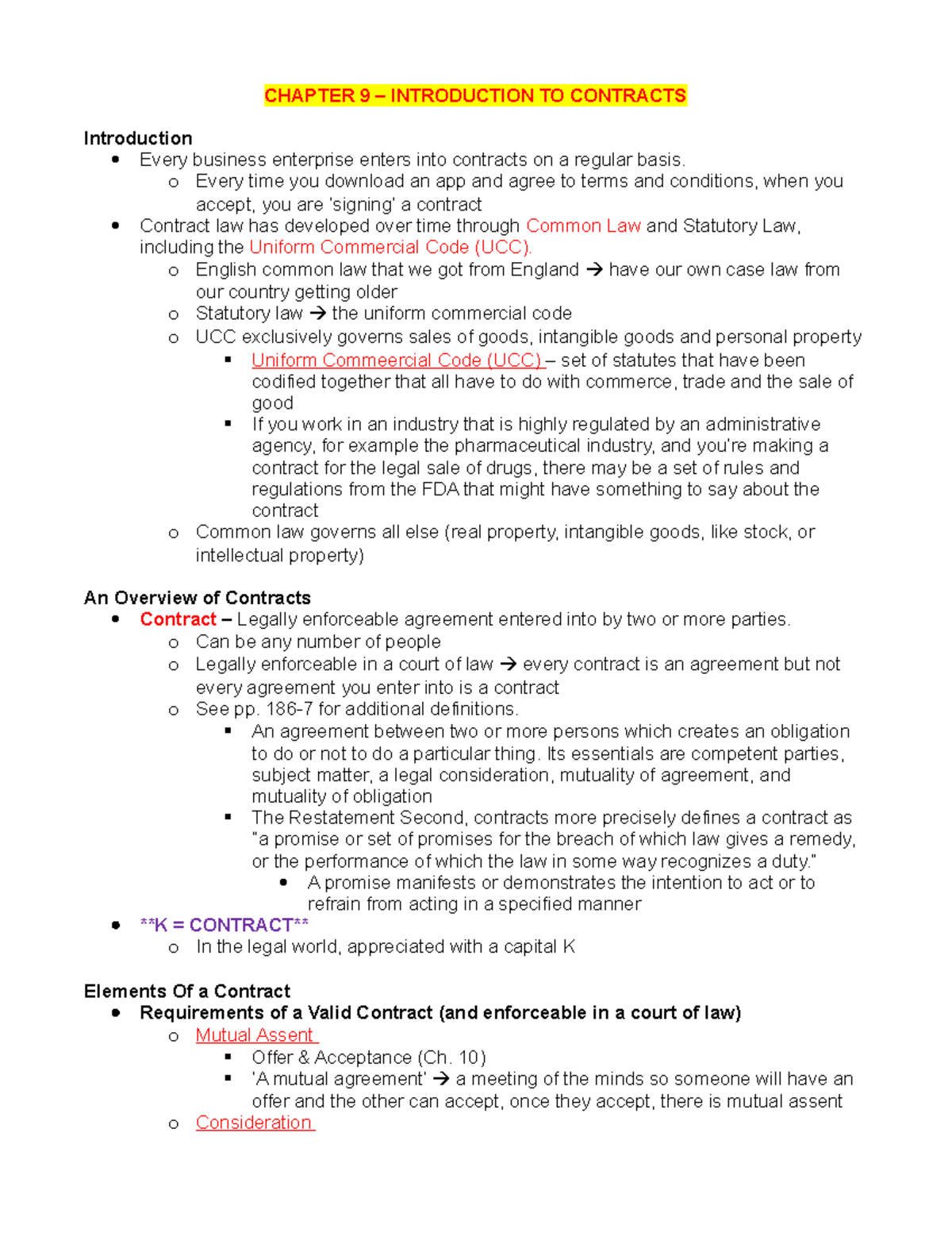 Chapter 9 - Professor Pleasant - CHAPTER 9 – INTRODUCTION TO CONTRACTS ...