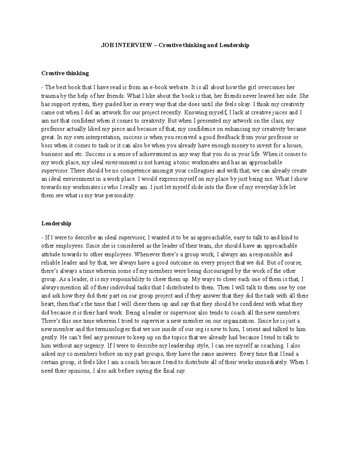 JOB Interview – Creative thinking and Leadership - JOB INTERVIEW ...