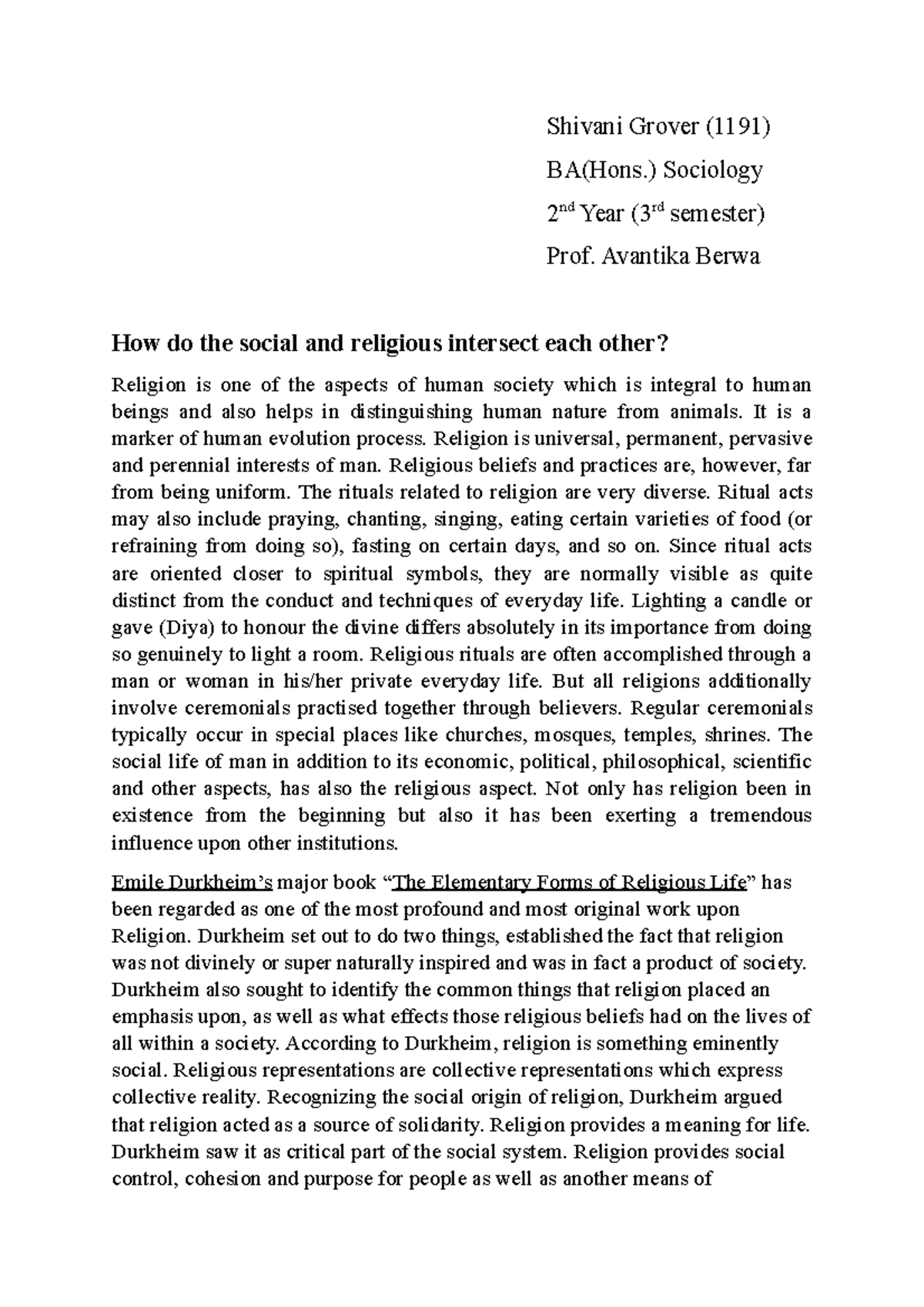 Sociology of Religion Assignment - Shivani Grover (1191) BA(Hons ...