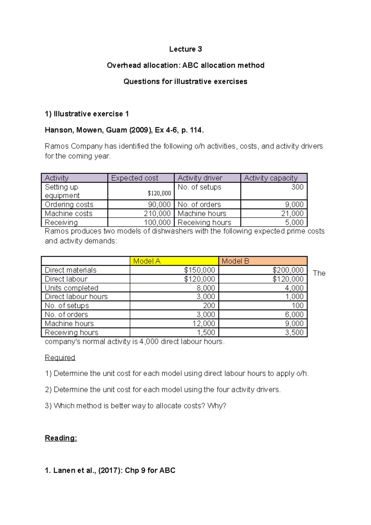 Lecture 3 Qs - Lecture 3 Overhead allocation: ABC allocation method ...
