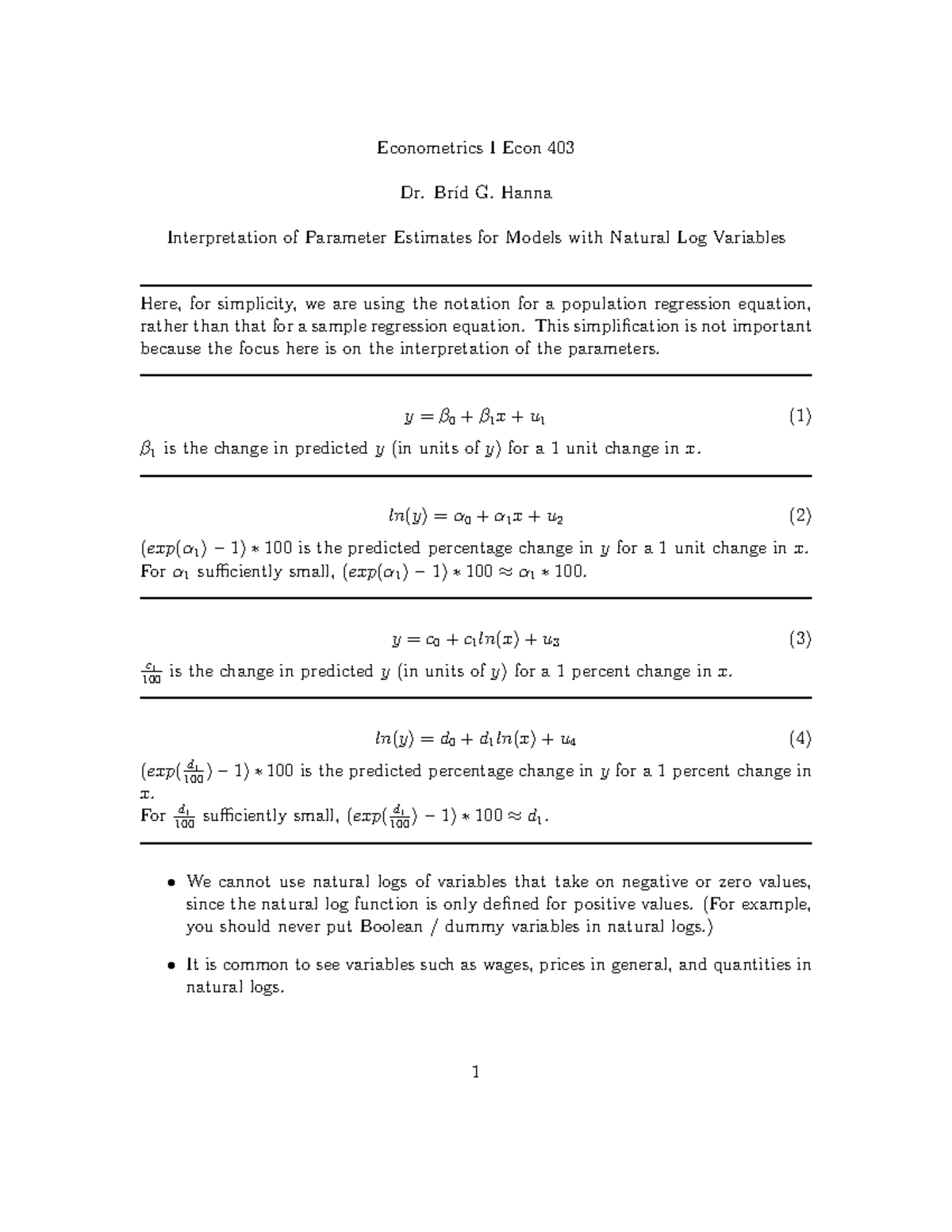 7 Parameter Interpretation For Regression Models With Natural Log
