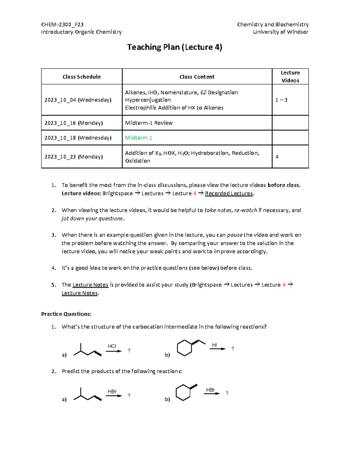 L4 Teaching Plan 2300 F23 - CHEM-2300_F23 Chemistry and Biochemistry ...