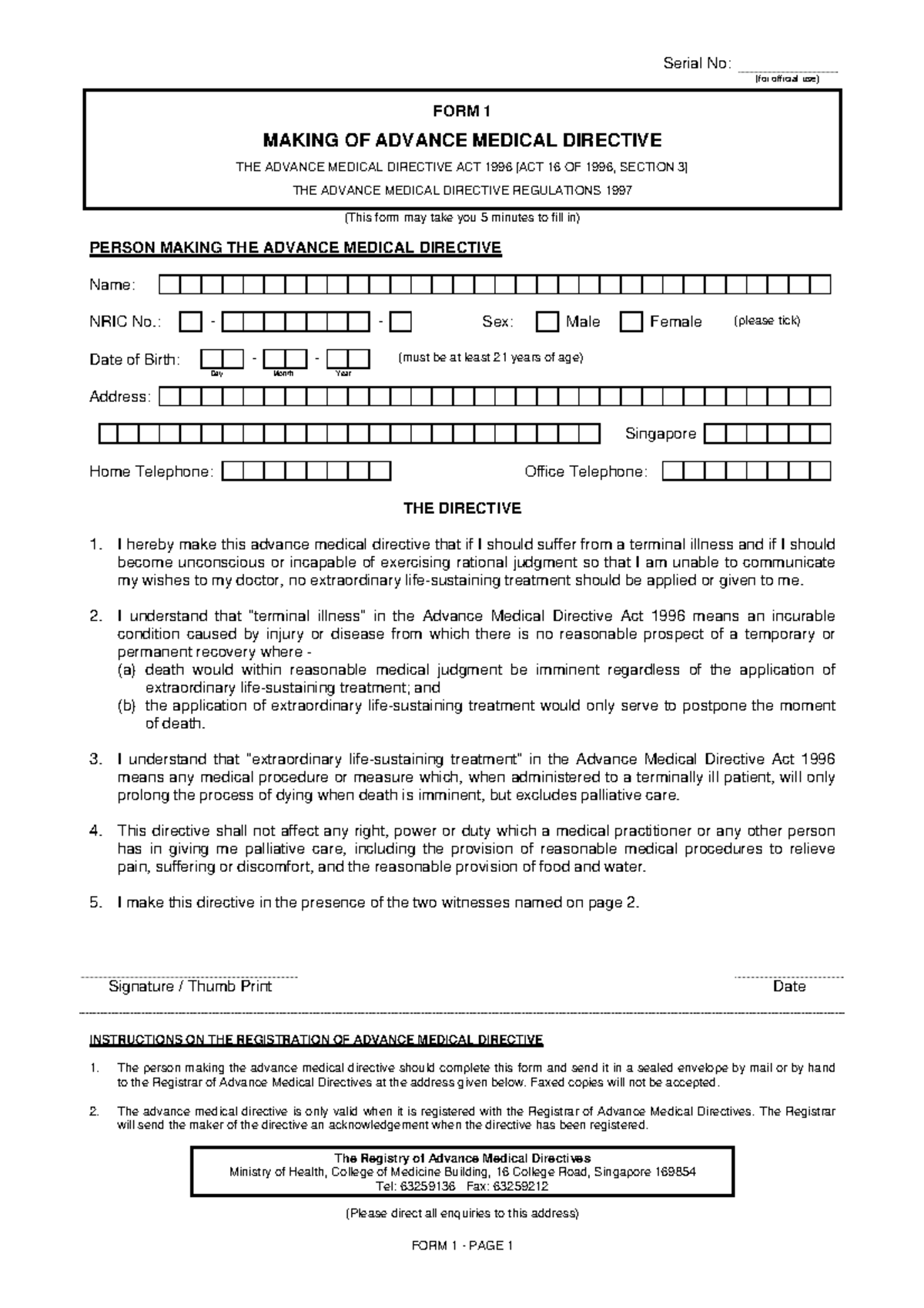 Advance medical directive - Serial No: (for official use) FORM 1 MAKING ...