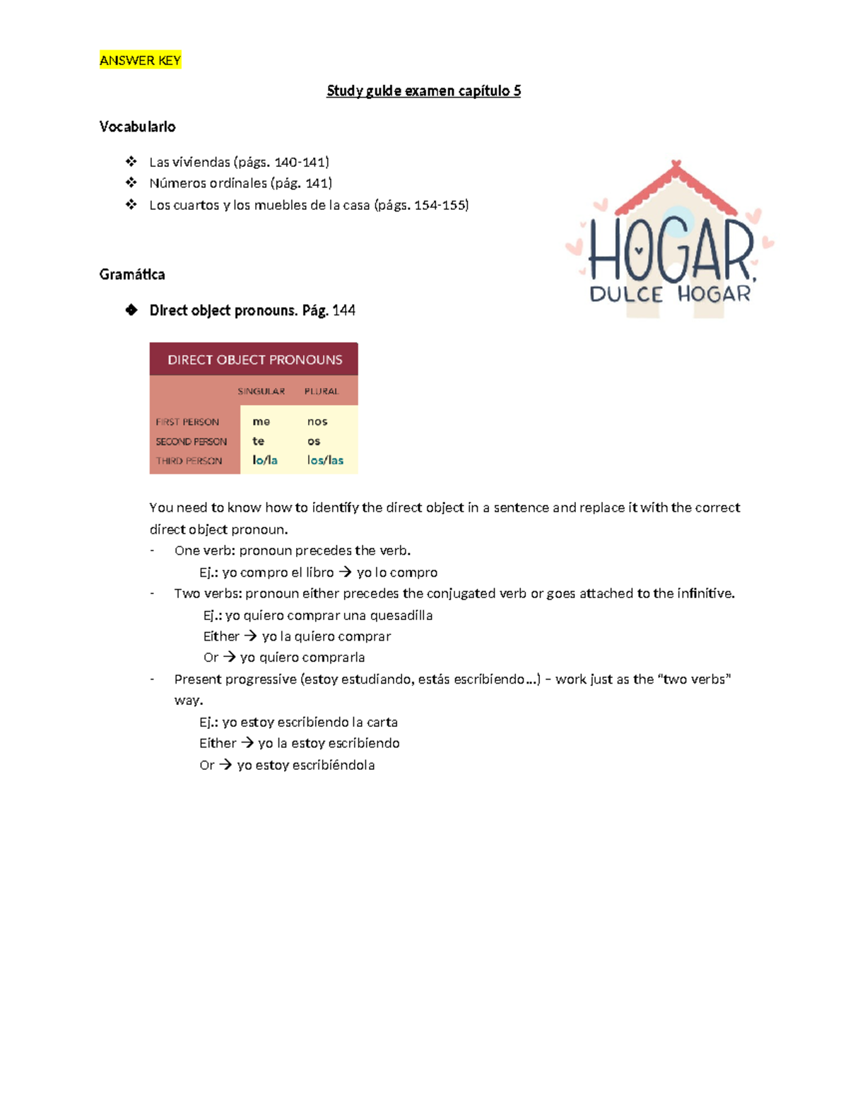 SPA 112 Chapter 5 Study Guide SPR 2022 Answer KEY - Study guide examen capítulo 5 Vocabulario ...