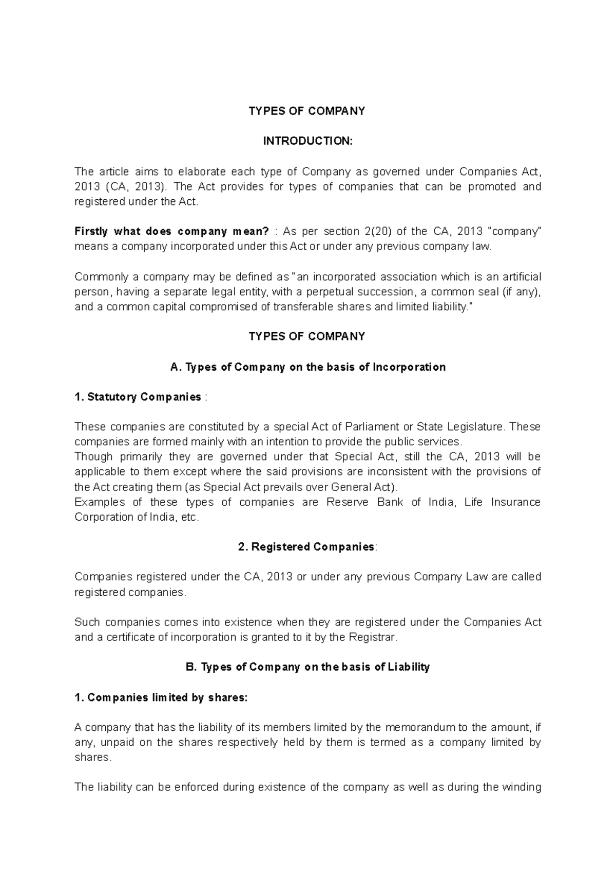 Types of company - notes - TYPES OF COMPANY INTRODUCTION: The article ...