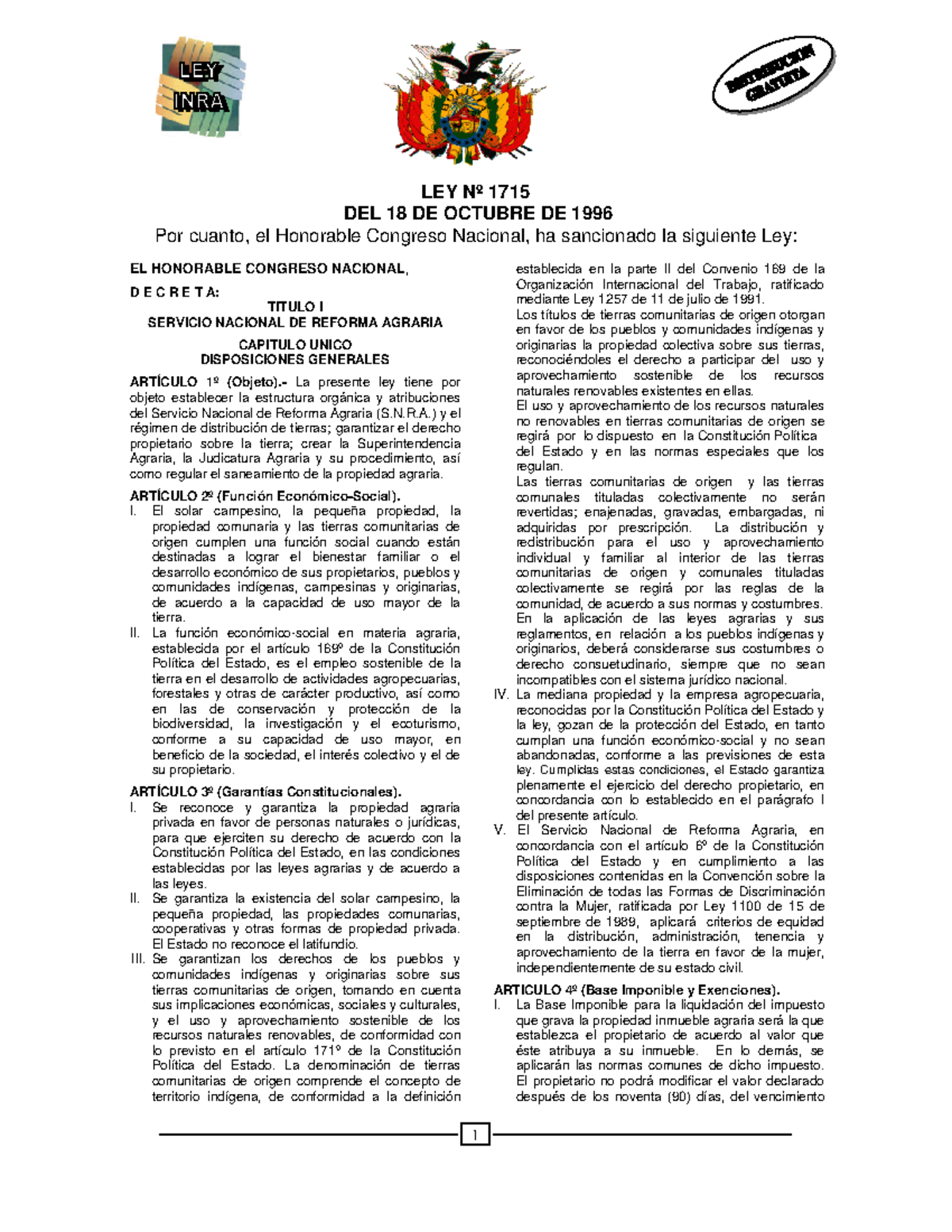 1715 - ley INRA - LEY Nº 1715 DEL 18 DE OCTUBRE DE 1996 Por cuanto, el ...