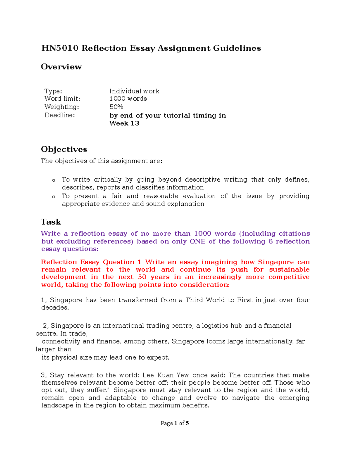 HN5010 Reflection Essay Assignment Guidelines Sem 1AY22-23 - HN5010 ...