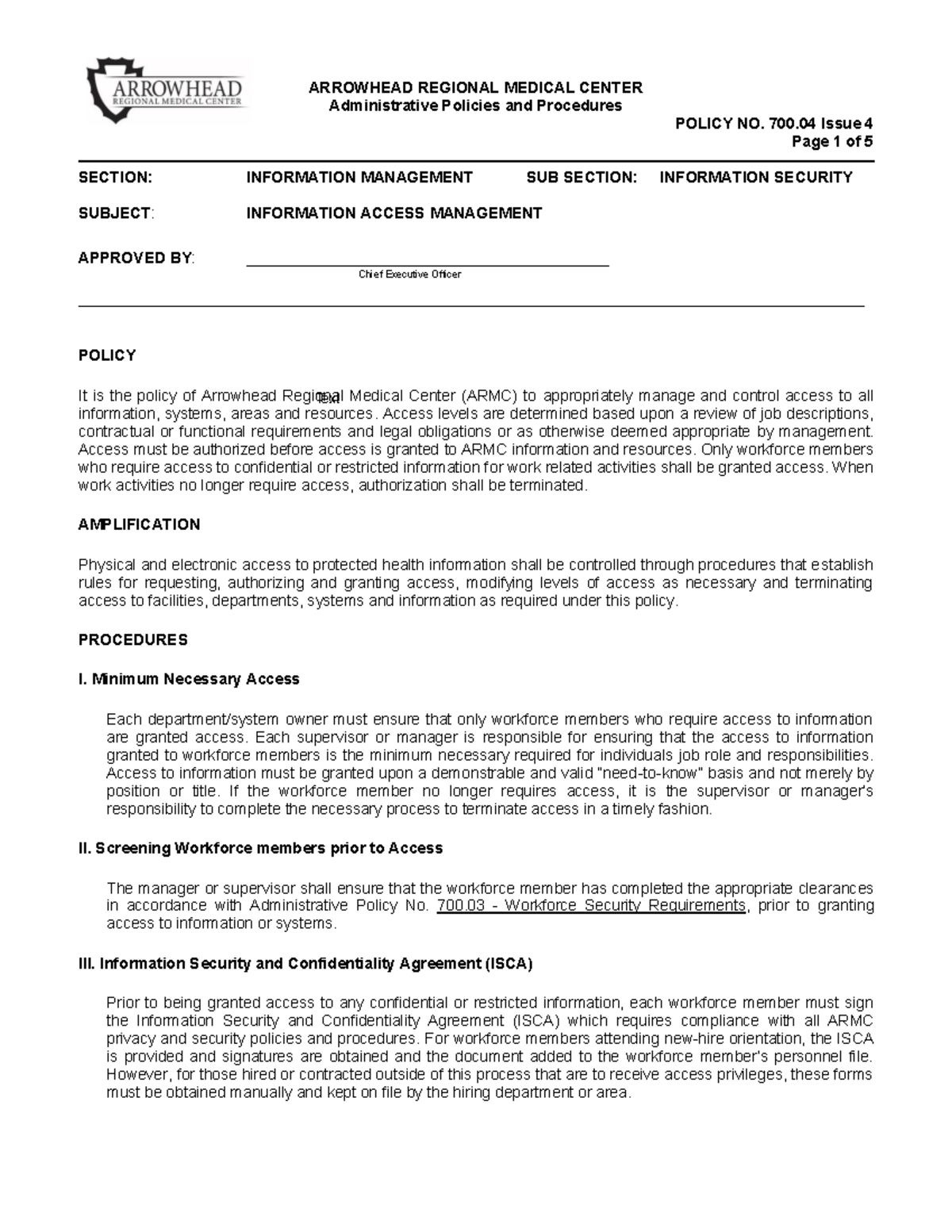 ARMC Information Security and Confidentiality Agreement - ARROWHEAD ...