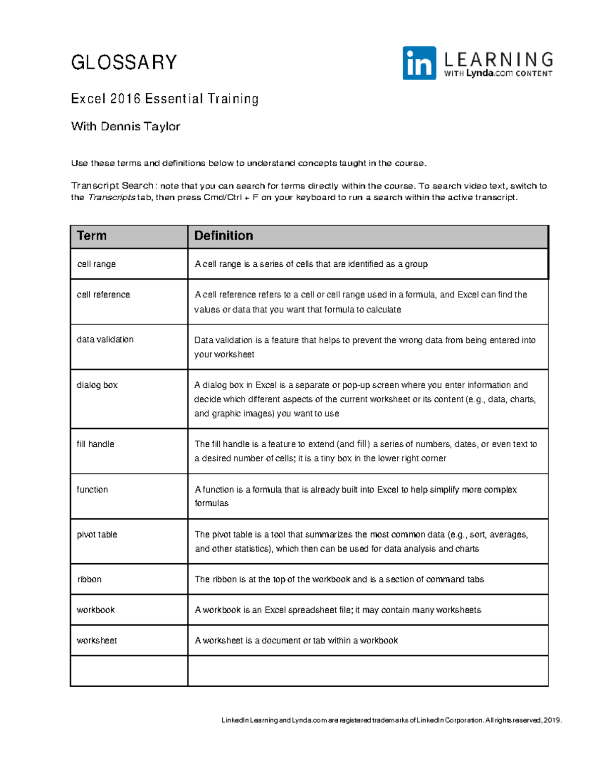 Glossary Excel 2016 Essential - GLOSSARY Excel 2016 Essential Training ...